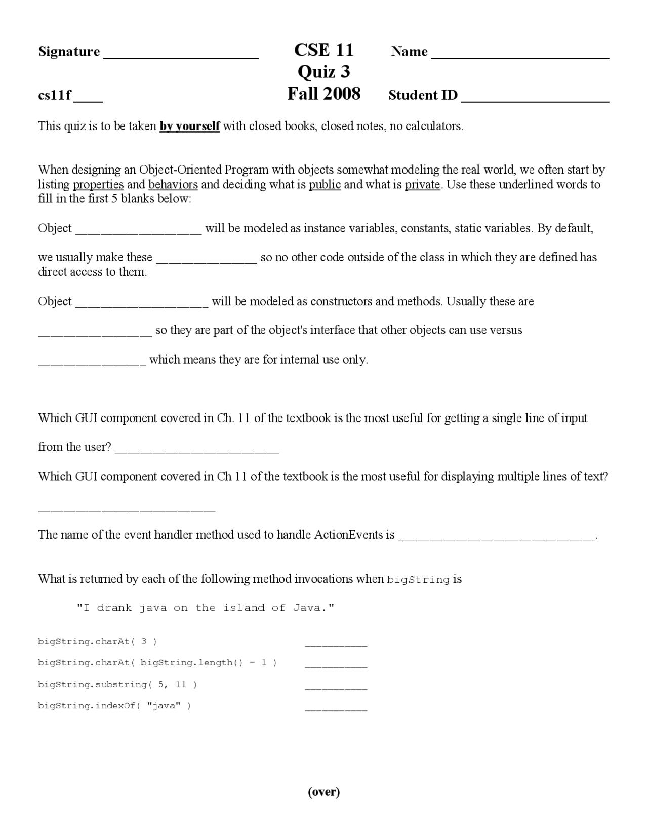 Method Invocations - Computer Science - Quiz - Docsity