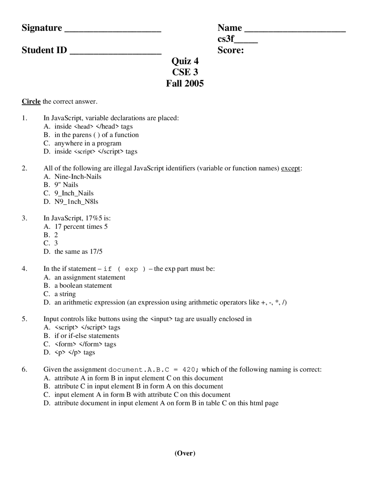Quiz Questions For Cse 3 Fall 2005 Exercises Computer Science Docsity