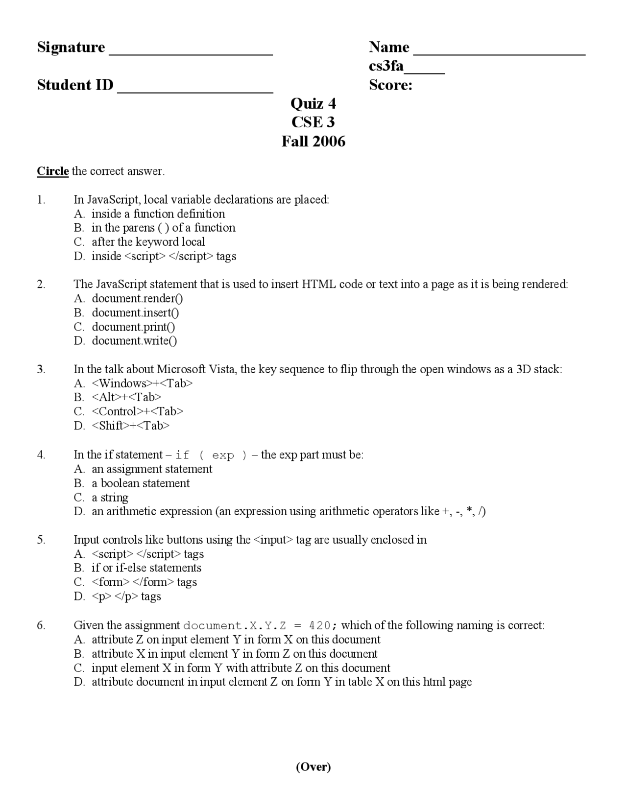 Returns A Pseudo Computer Science Quiz Docsity