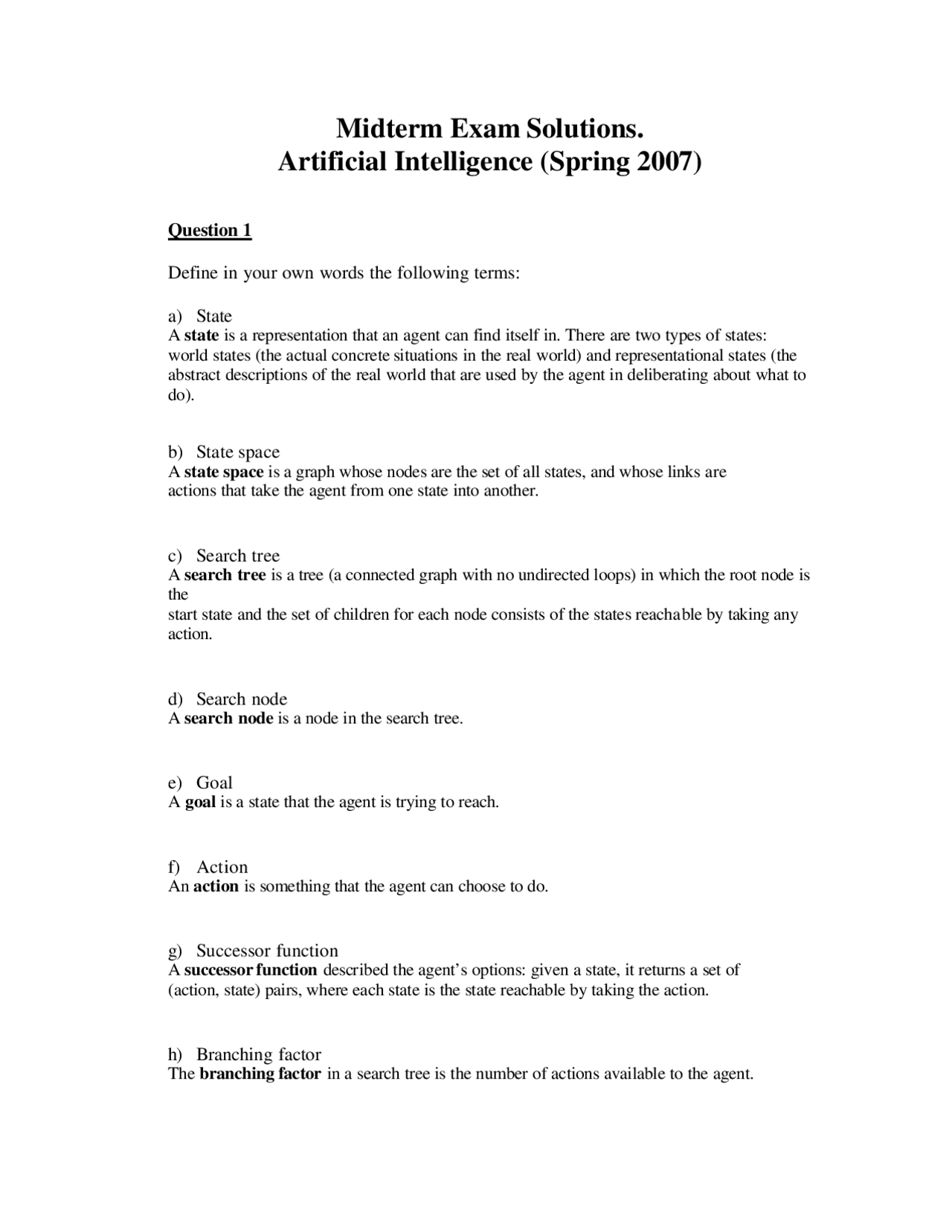 State Space - Artificial Intelligence - Solved Exam - Docsity