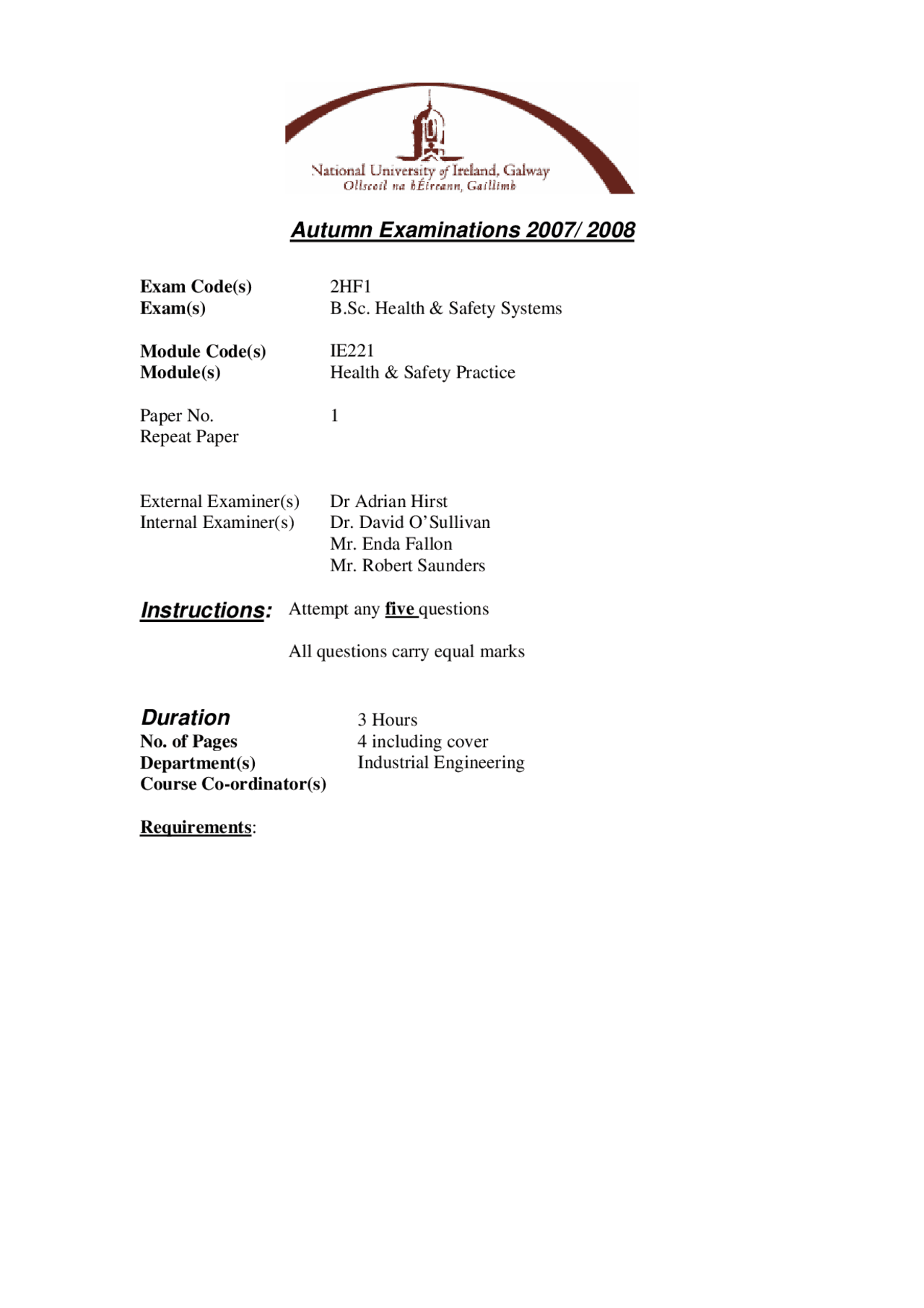 Safety Management System - Health and Safety Practice - Past Exam - Docsity