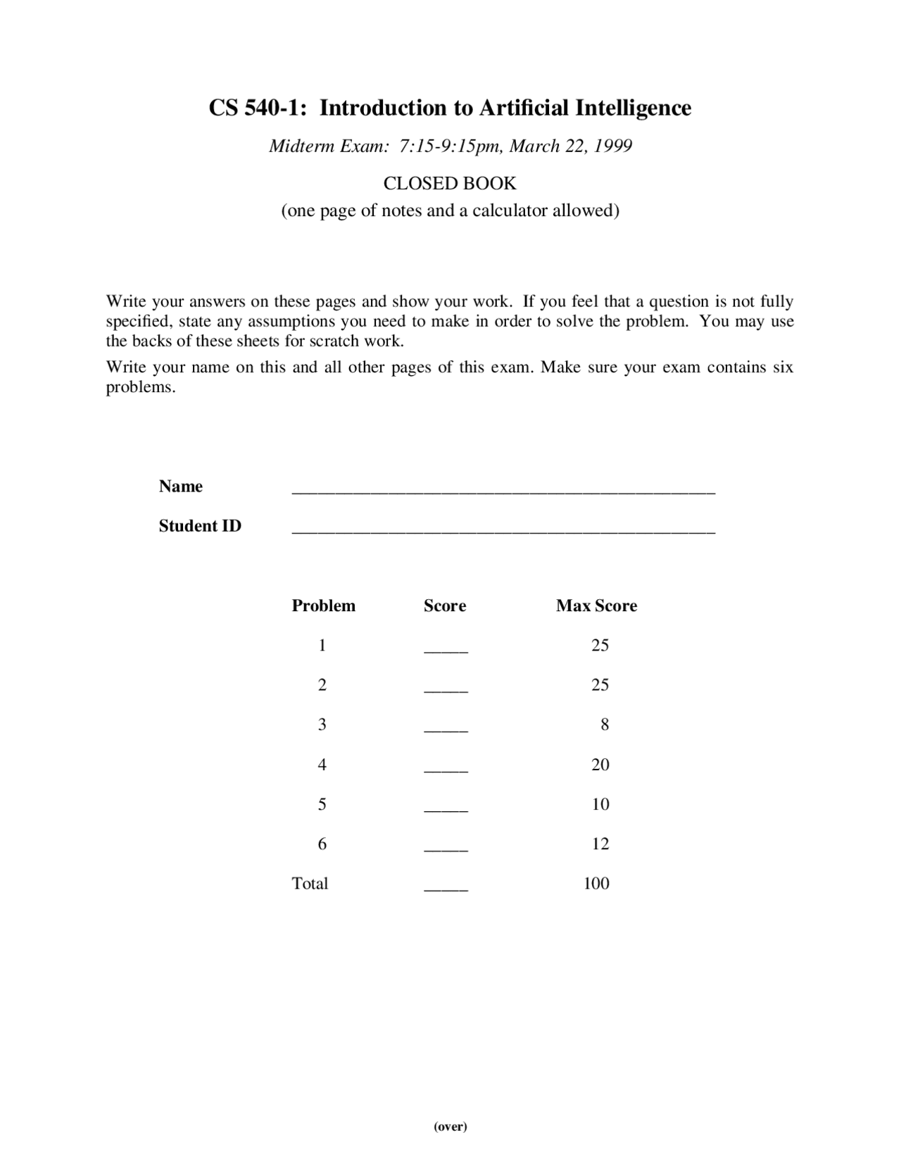 Information Theory Artificial Intelligence Exam Docsity