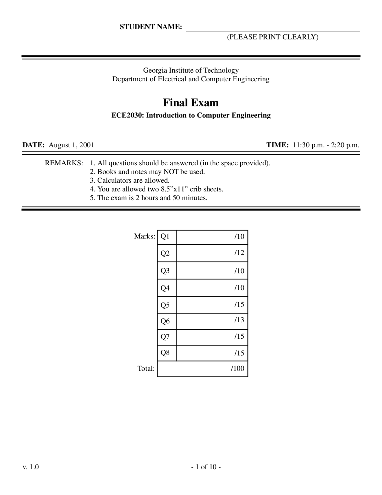 Final Implementation Computer Engineering Solved Exam Docsity