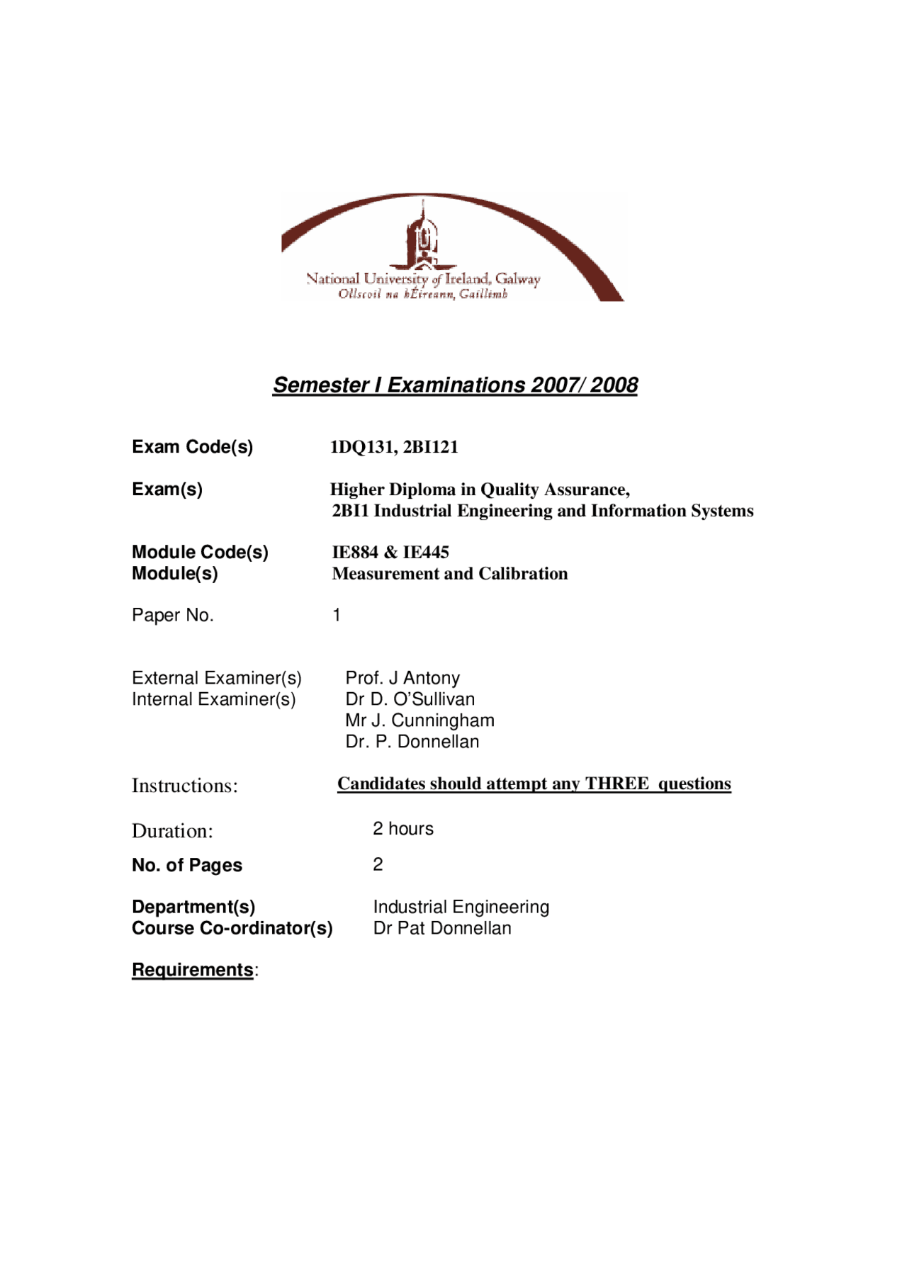 Linearity Measurement And Calibration Past Exam Docsity