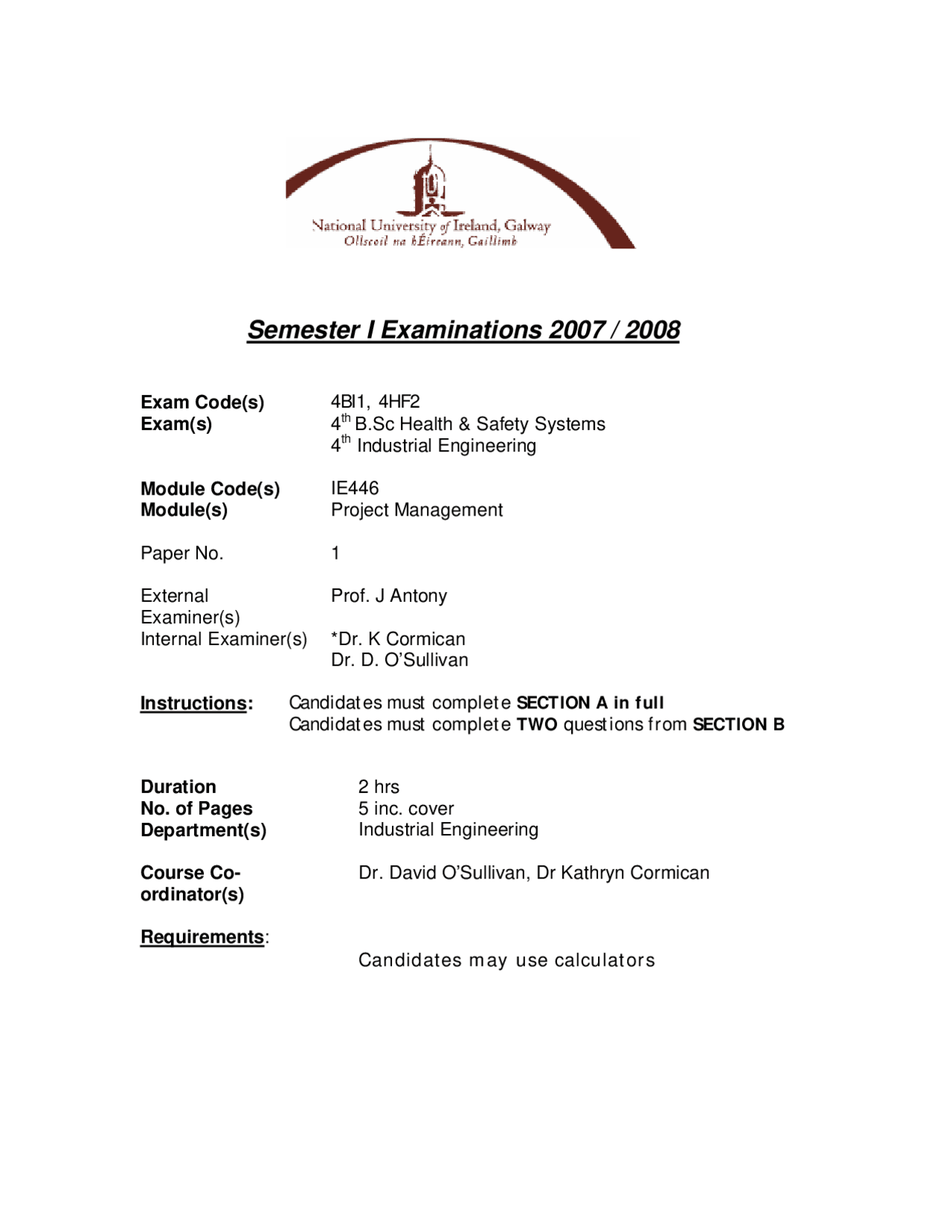 Sound Project Management - Project Management - Past Exam - Docsity