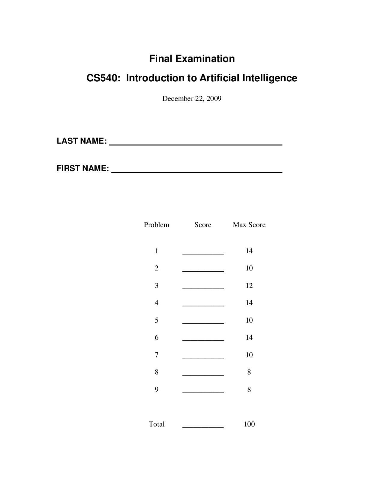Algorithm Artificial Intelligence Exam Exams Artificial