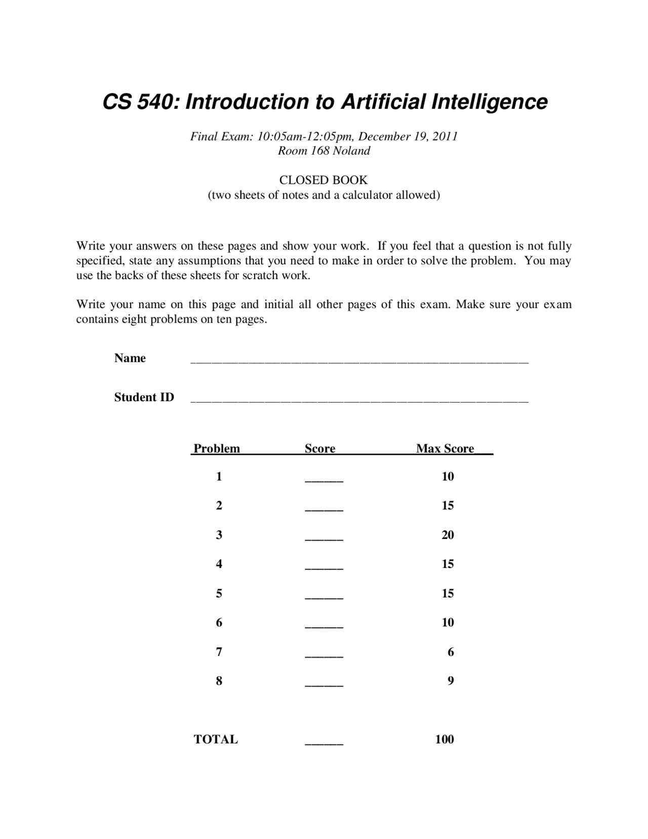 Probability - Artificial Intelligence - Exam | Exams Artificial Intelligence | Docsity