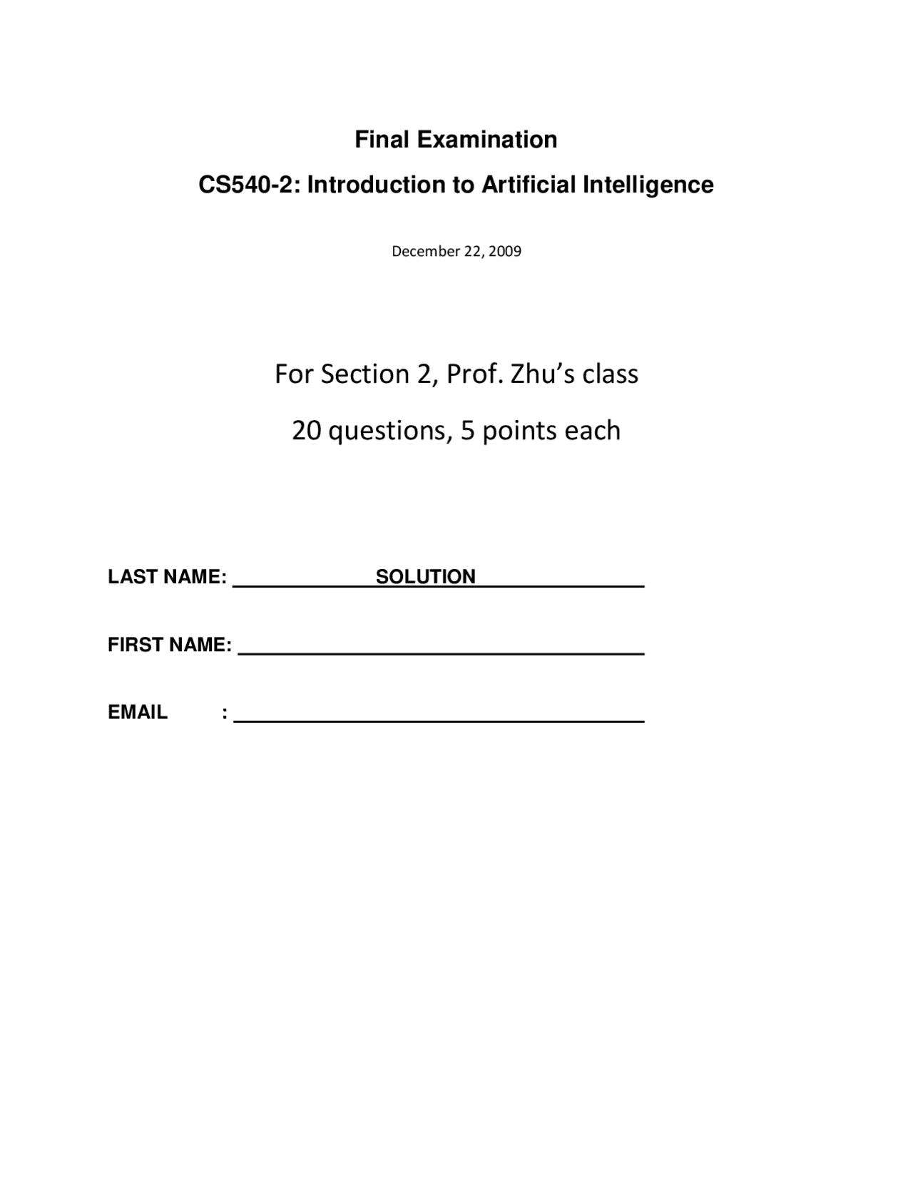 Naïve Bayes Network Artificial Intelligence Solved Exam Docsity