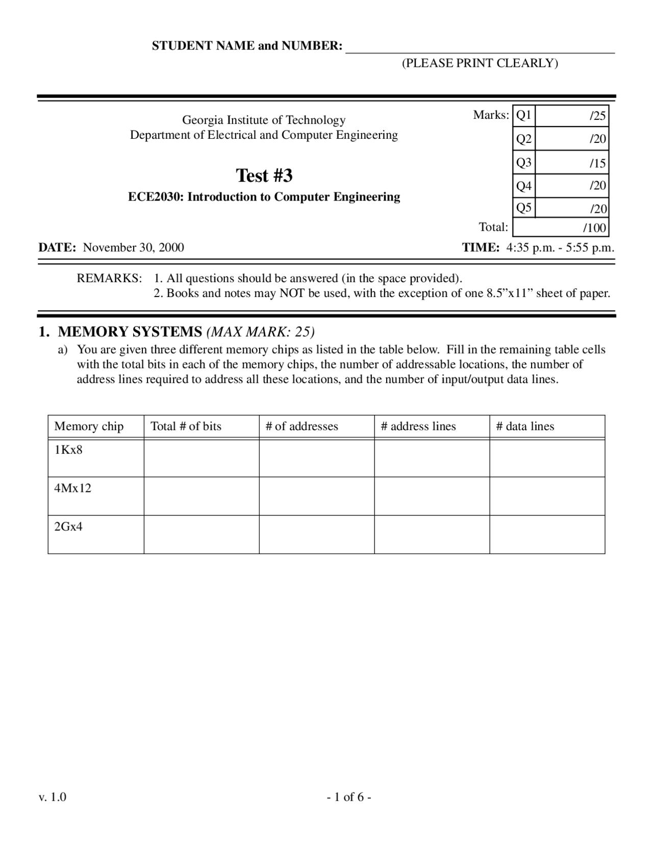 Memory Chip Computer Engineering Exam Docsity