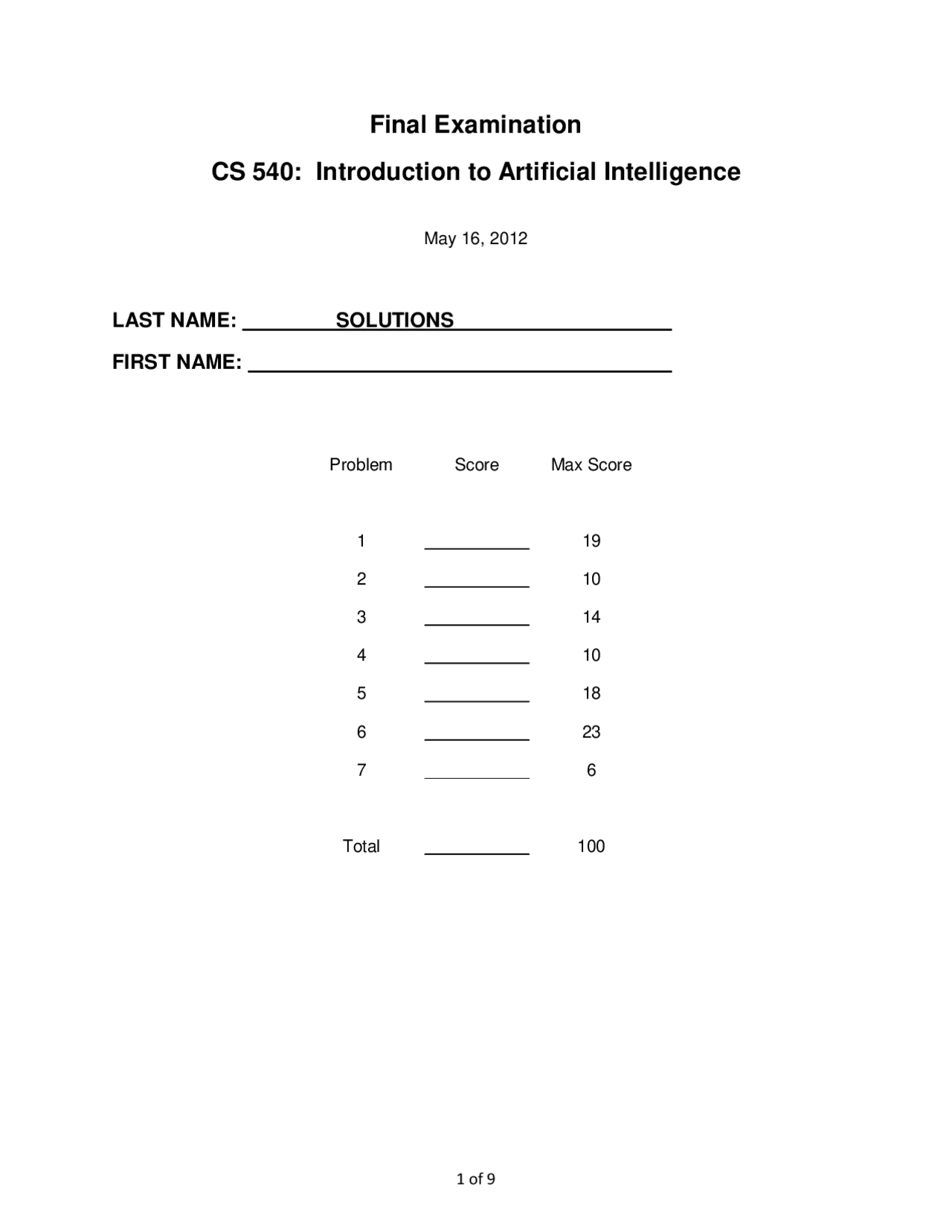 Conditional Entropy Artificial Intelligence Solved Exam Docsity