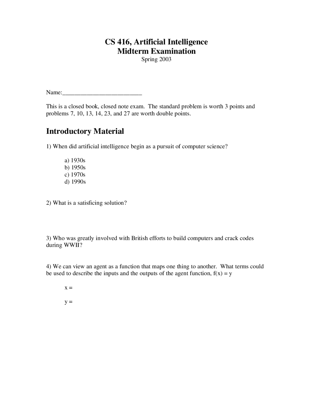 Admissible Heuristic - Artificial Intelligence - Exam | Exams Artificial Intelligence | Docsity