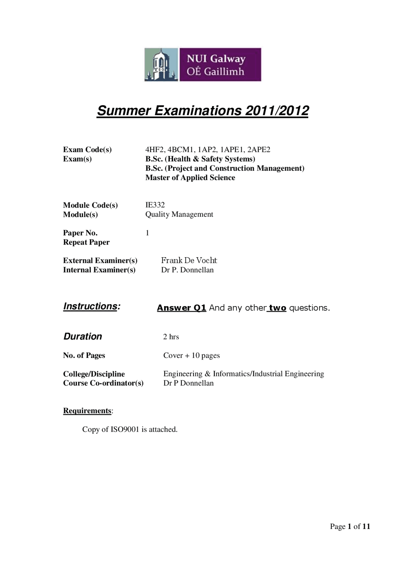 Organisational Structure Quality Management Past Exam Docsity