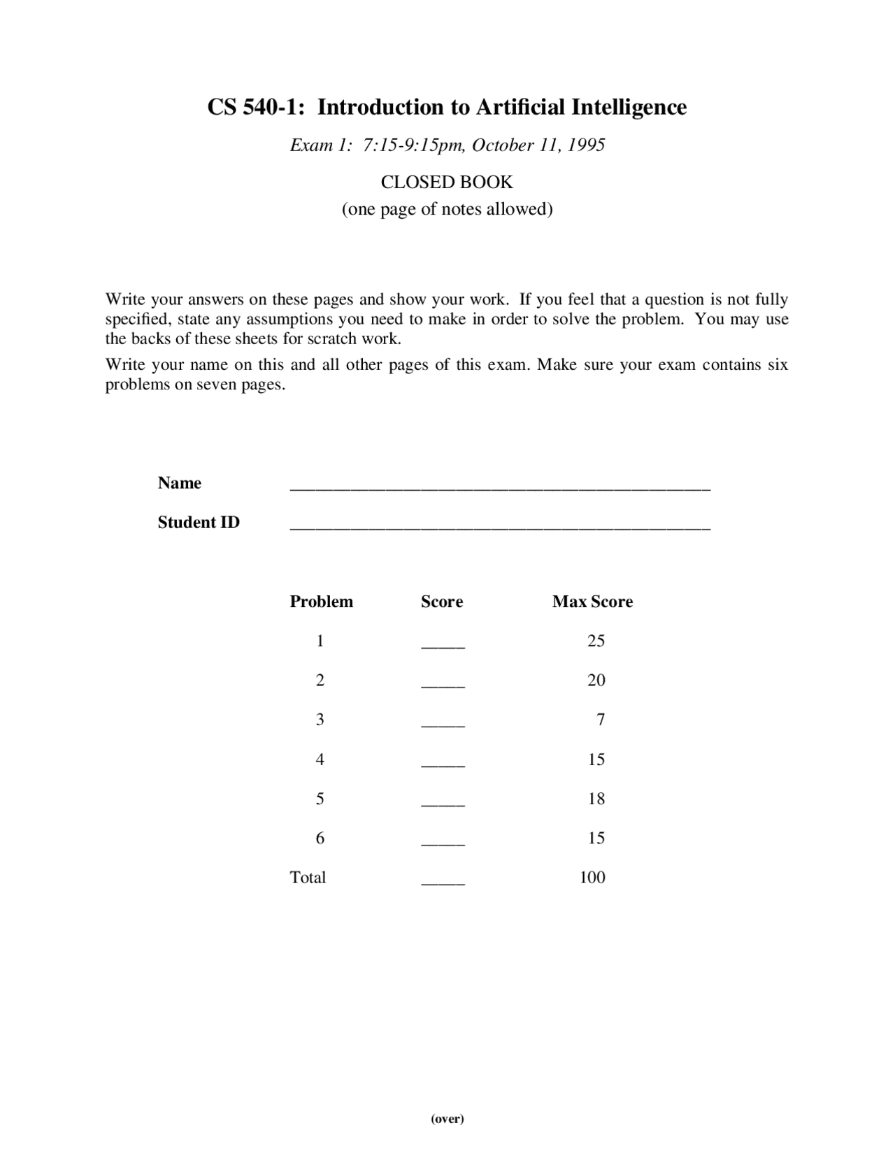 Iterative Deepening Artificial Intelligence Exam Docsity