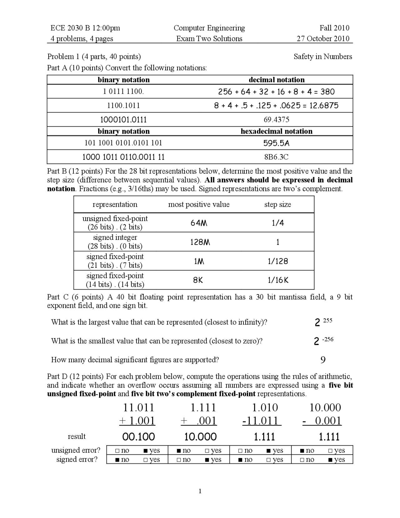 Exam Solutions for ECE 2030 Computer Engineering Fall 2010 - Problem 1 ...