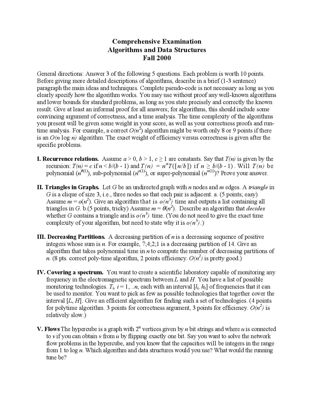 General Directions - Algorithms - Past Exam Paper - Docsity