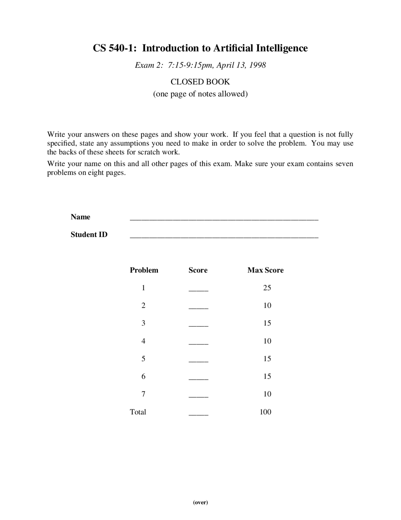 Production Systems Artificial Intelligence Exam Docsity