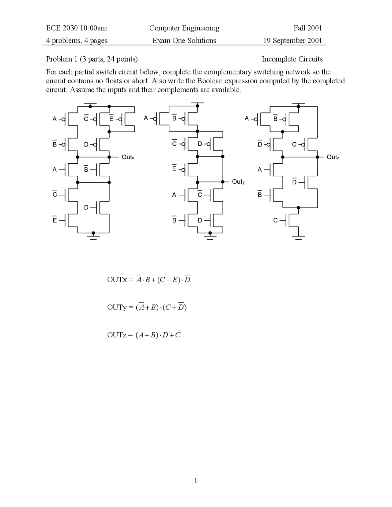 Boolean Expression - Computer Engineering - Solved Exam - Docsity