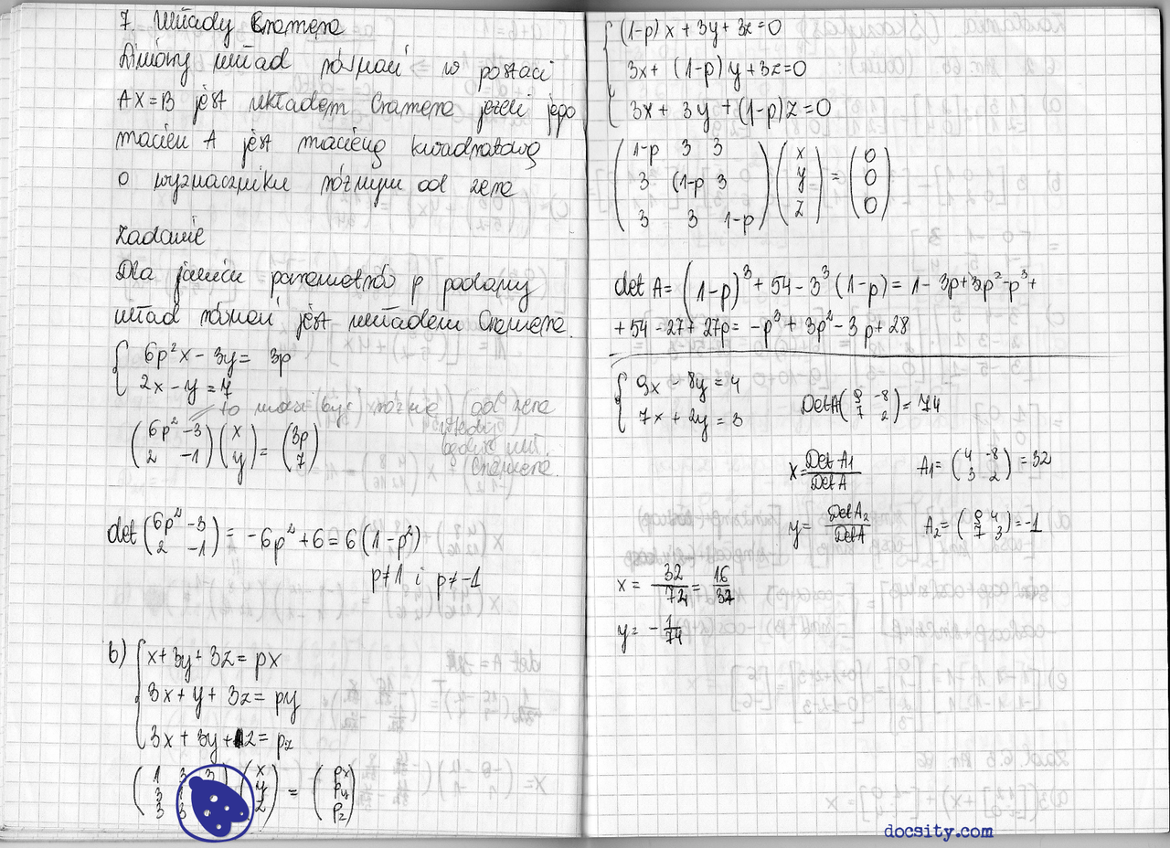 Układy Cramera - Ćwiczenia - Algebra liniowa - Docsity