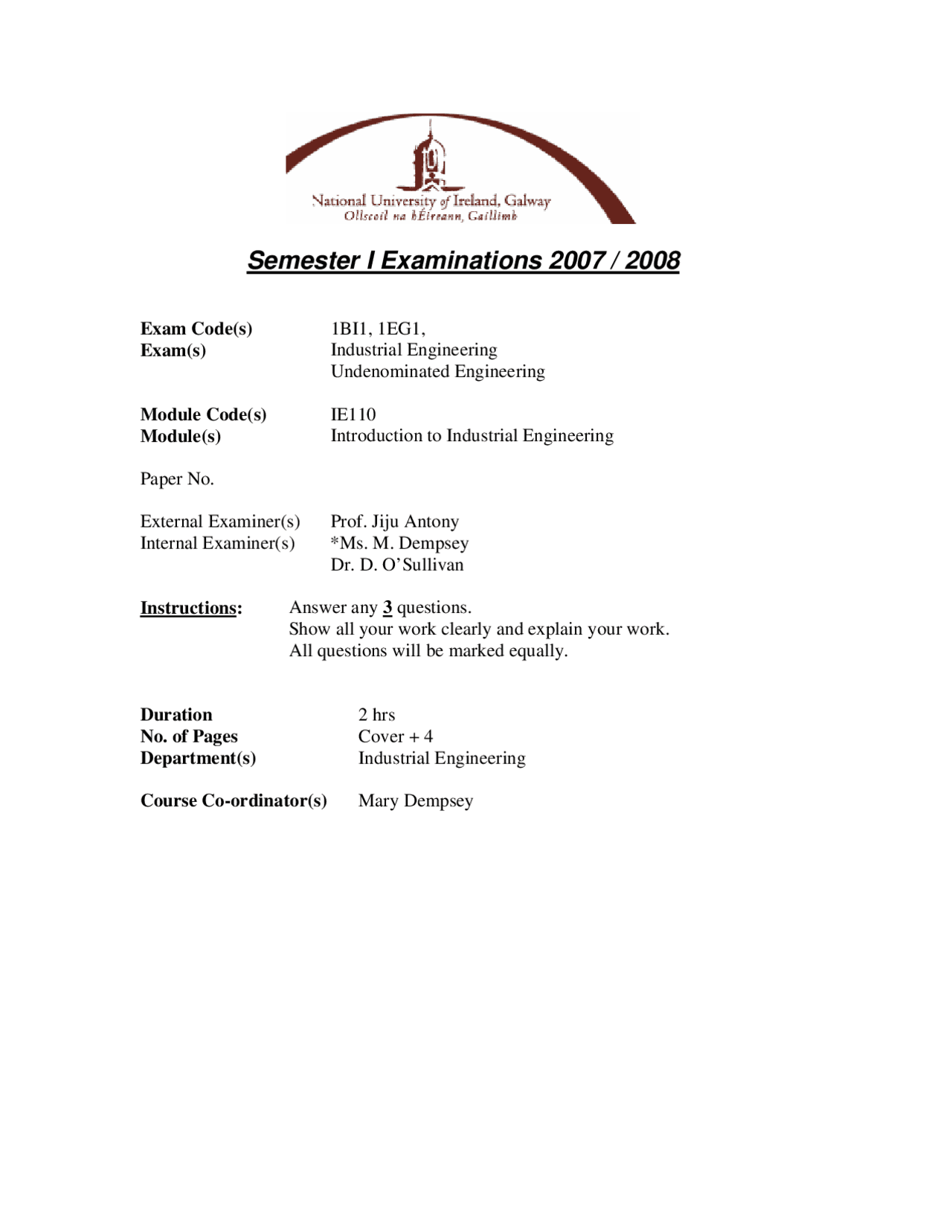 Push And Pull Introduction To Industrial Engineering Past Exam