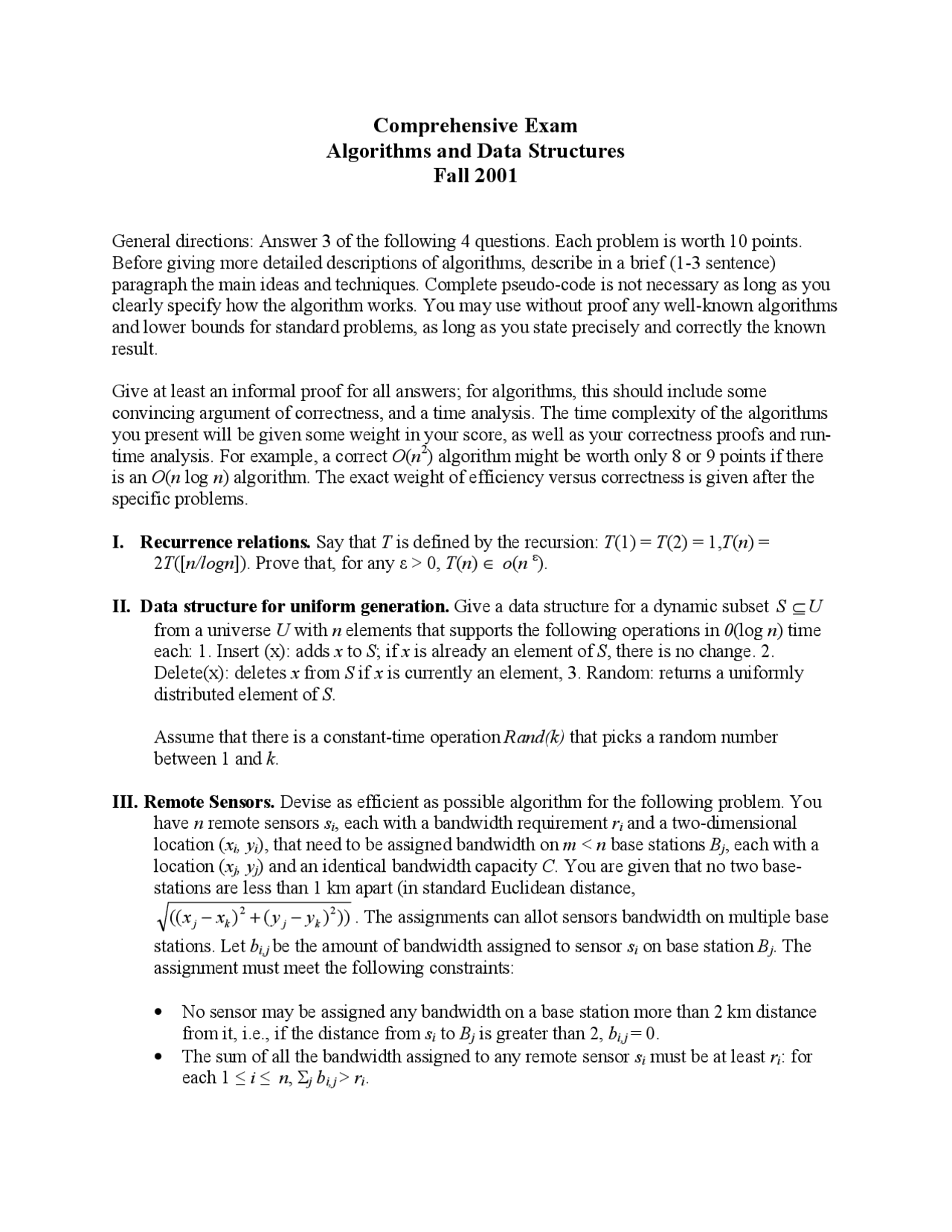 Bandwidth Assigned - Algorithms - Past Exam Paper - Docsity