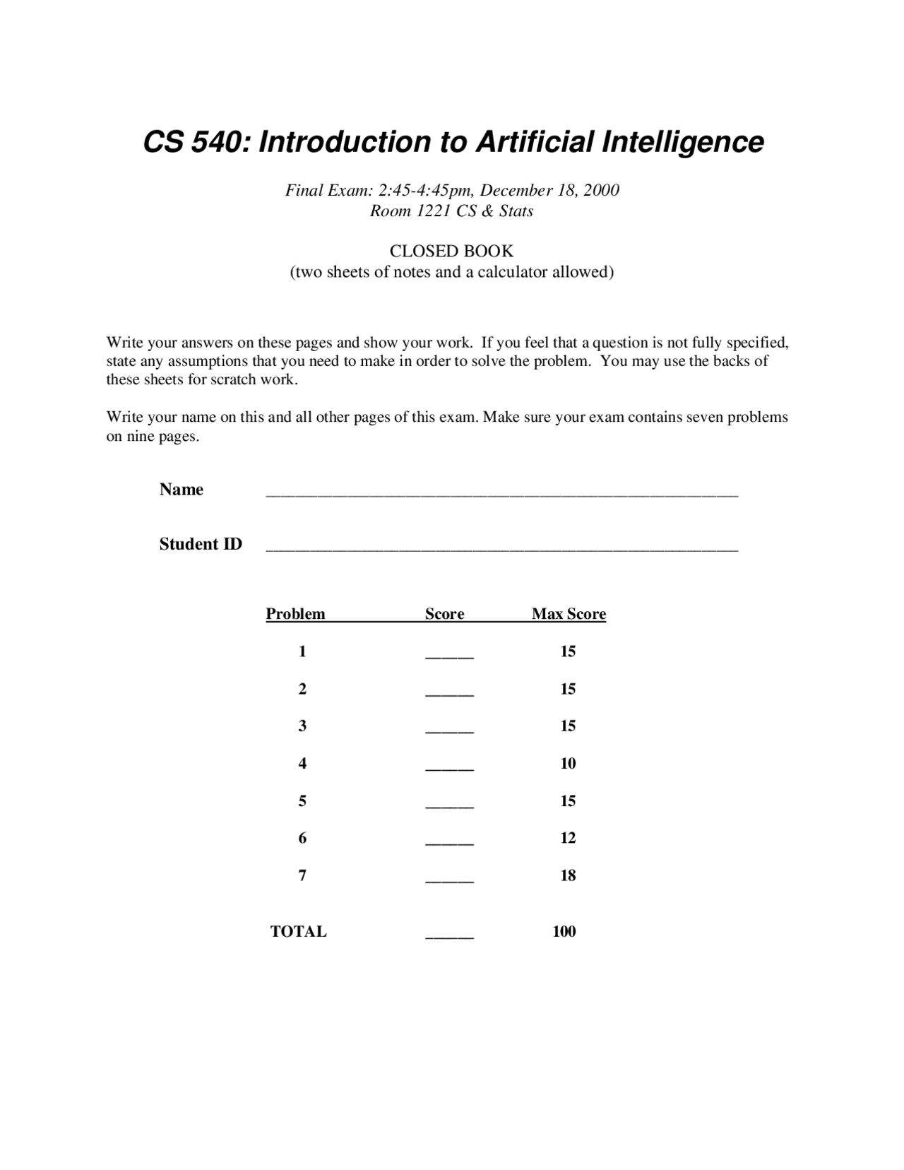 Search Strategy - Artificial Intelligence - Exam | Exams Artificial Intelligence | Docsity