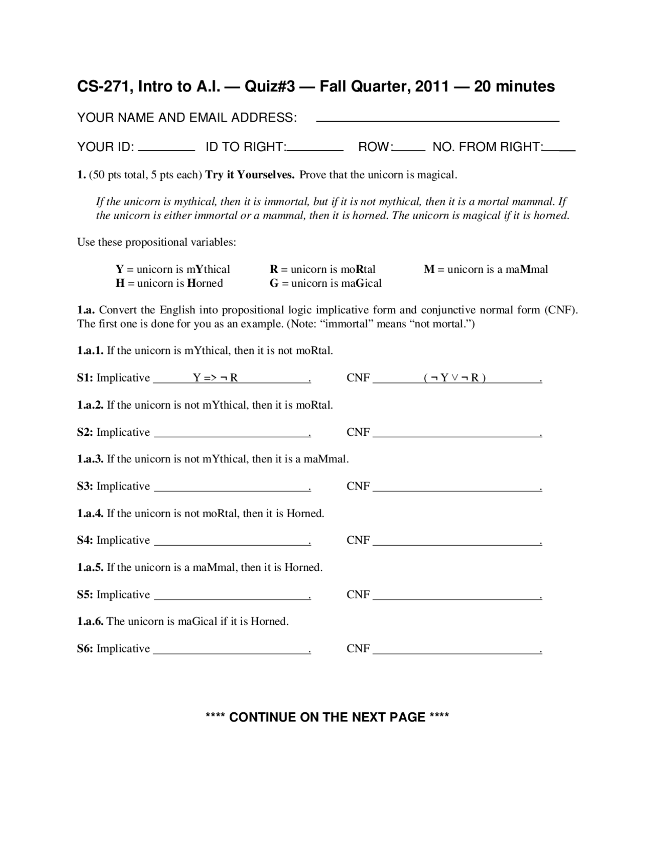 Logic Translation - Artificial Intelligence - Quiz - Docsity