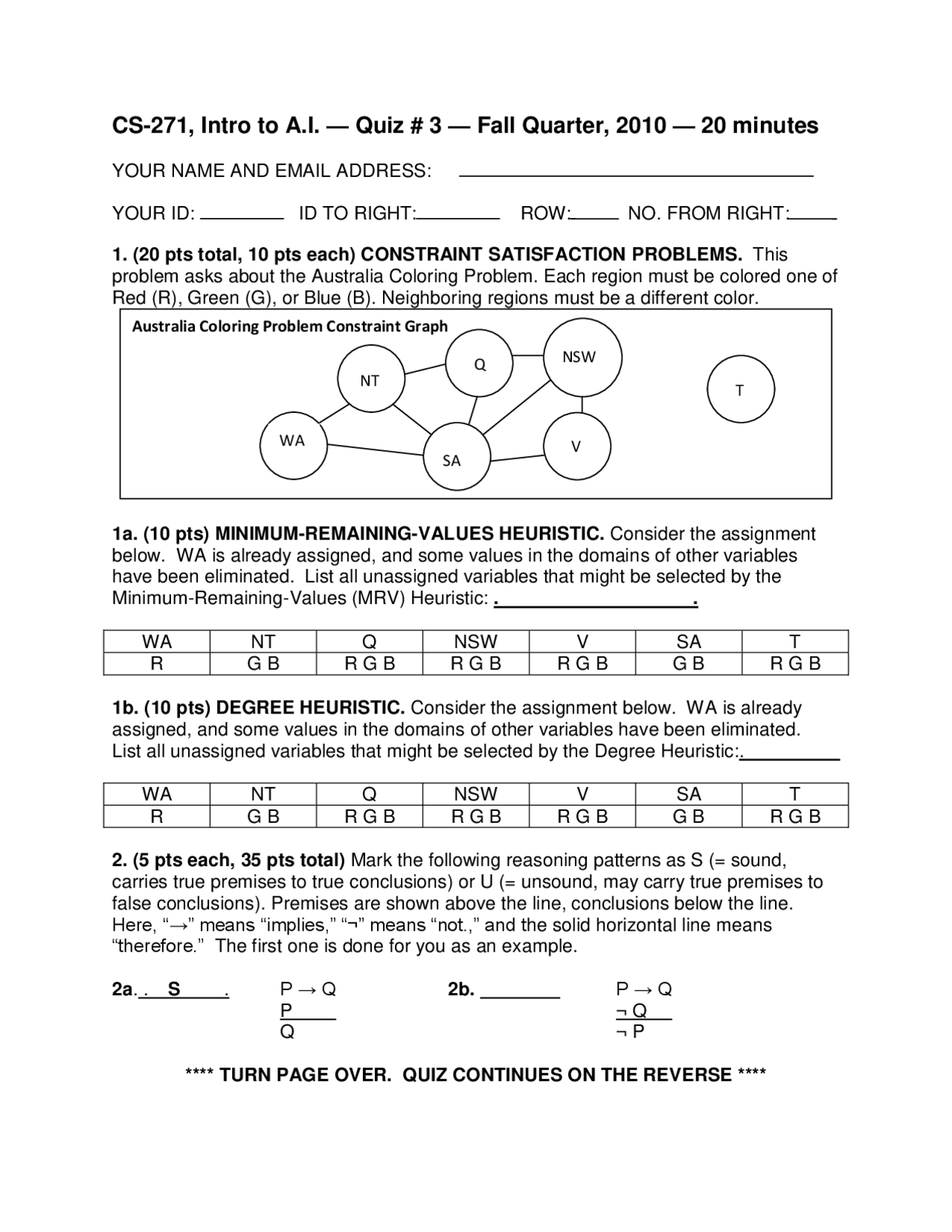 Reasoning Patterns - Artificial Intelligence - Quiz - Docsity