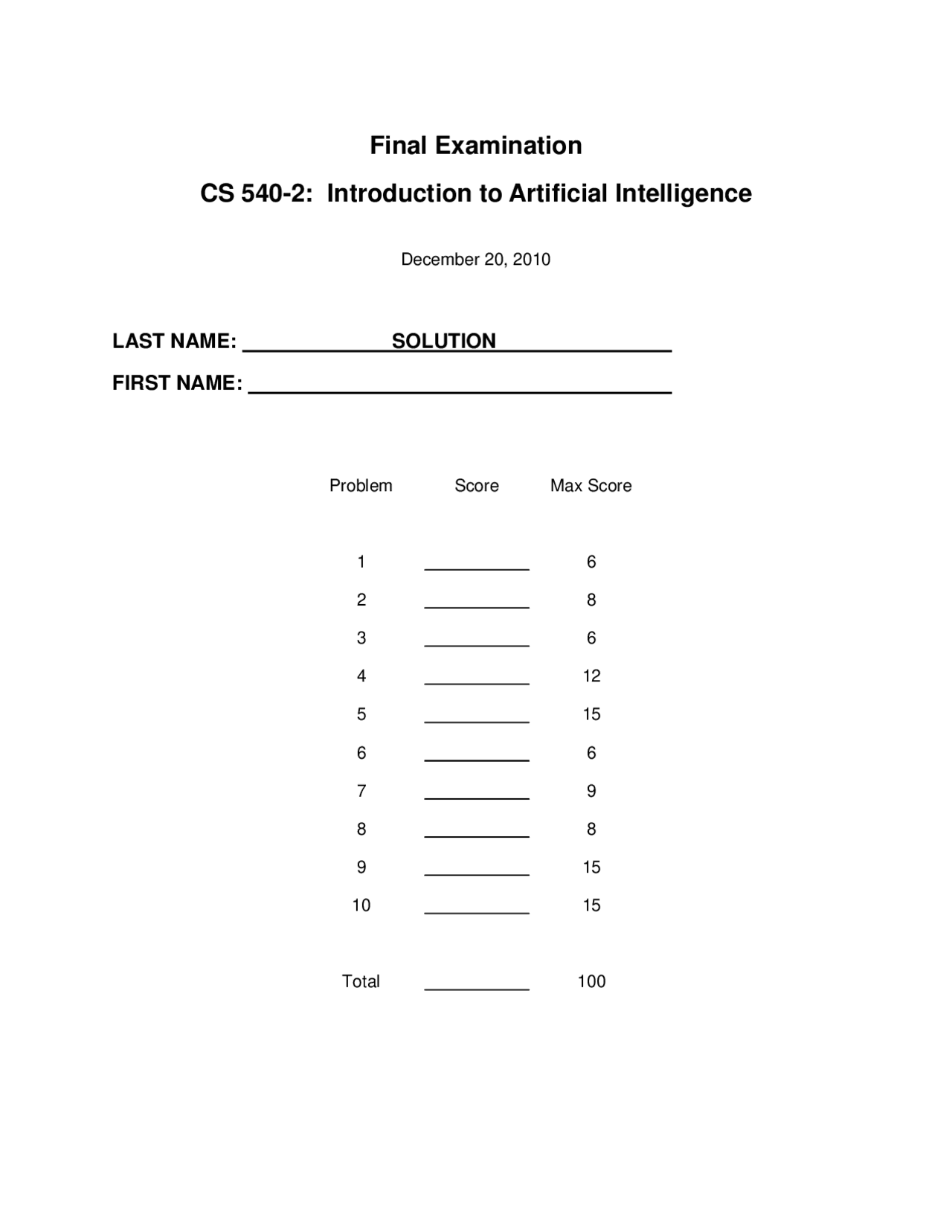 Decision Trees Artificial Intelligence Solved Exam Docsity