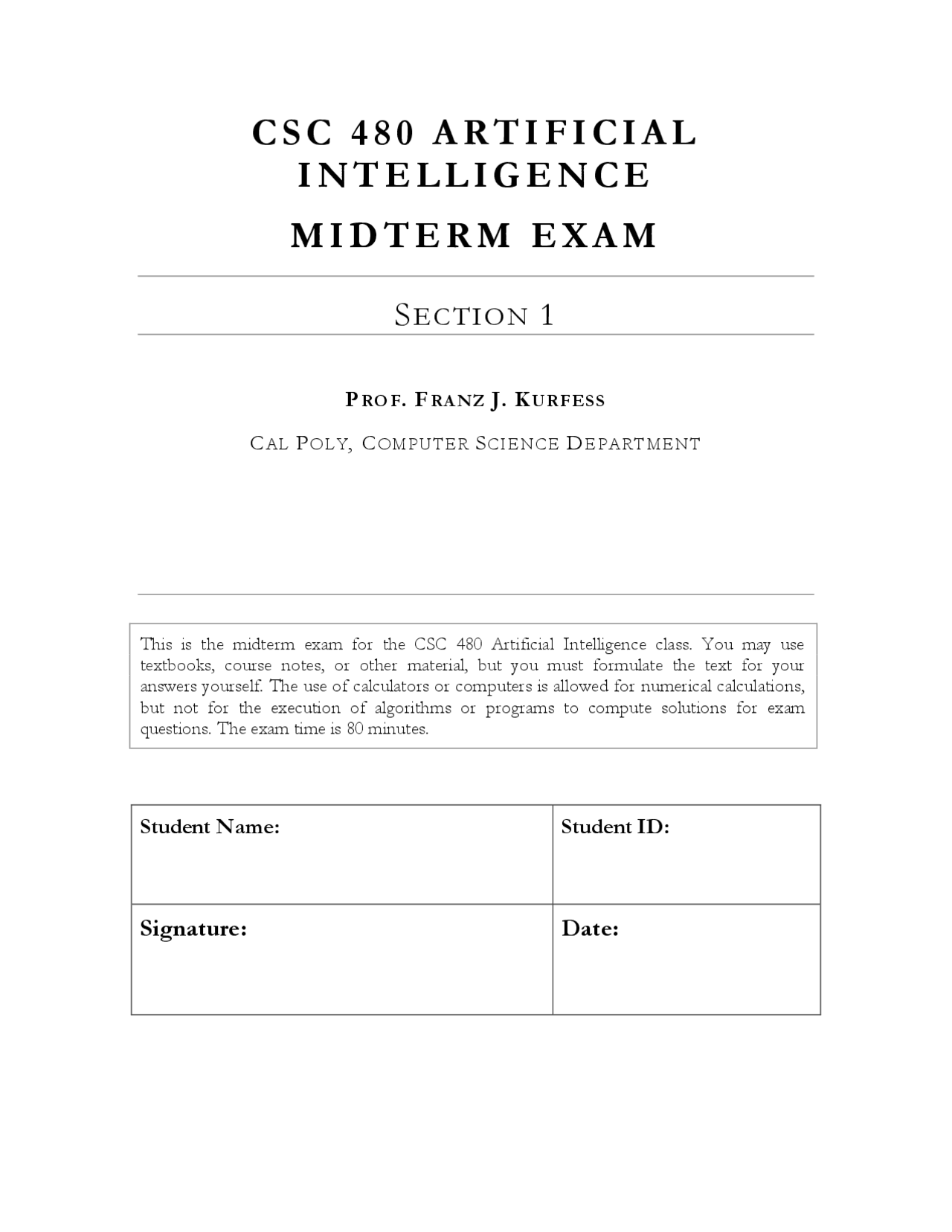 Cognitive Modeling Artificial Intelligence Exam Exams Artificial