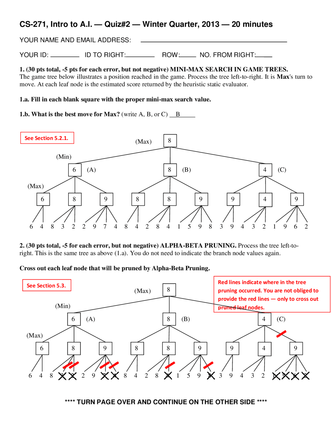 Mini Max Search Artificial Intelligence Solved Quiz Exercises