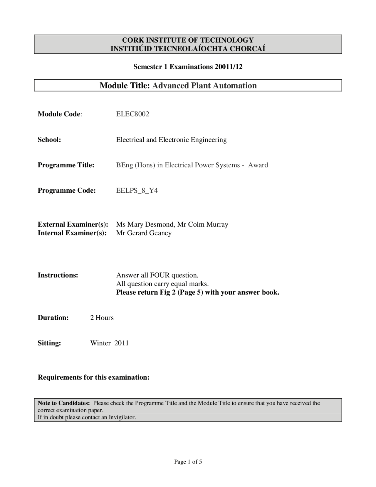 Exam: Advanced Plant Automation (ELEC8002) - BEng (Hons) in Electrical ...