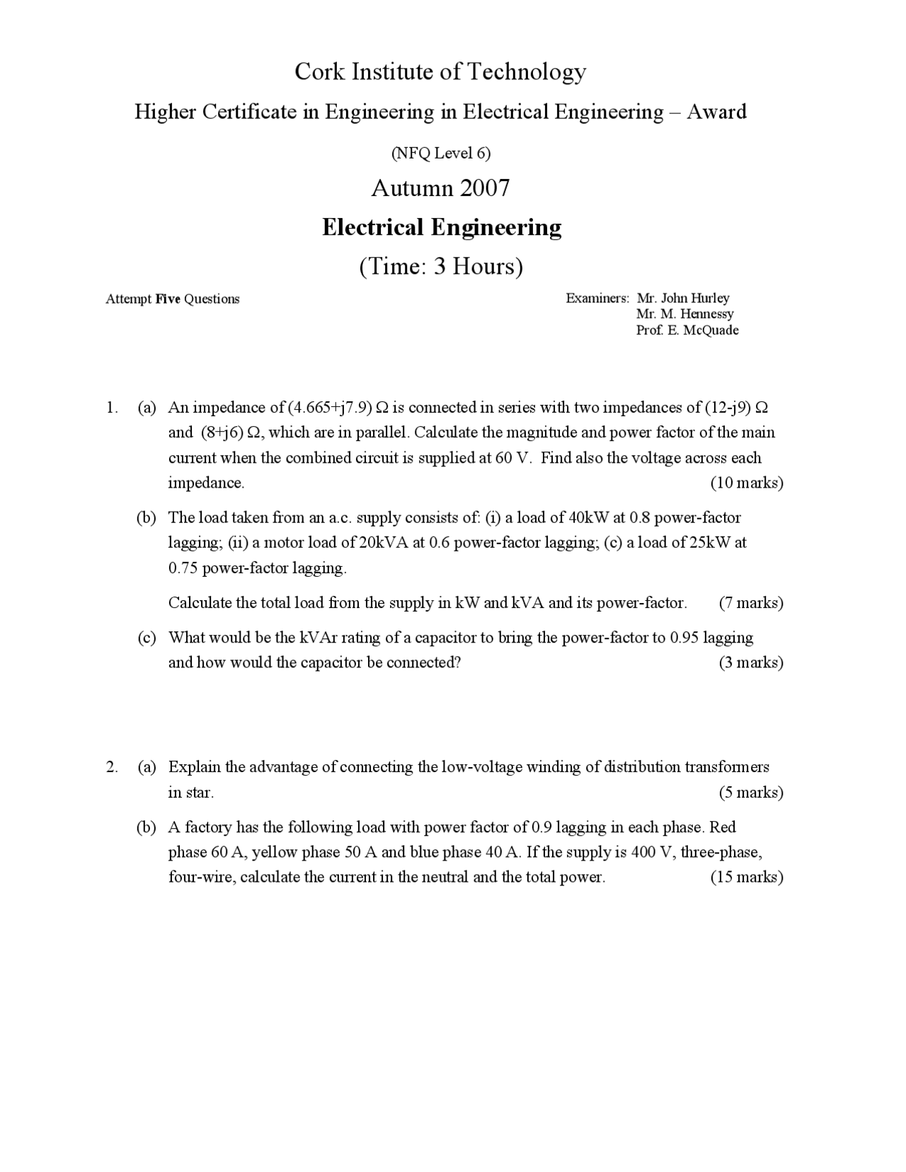 Equal Wattmeter Readings - Electrical Engineering - Exam | Exams Electrical Engineering | Docsity