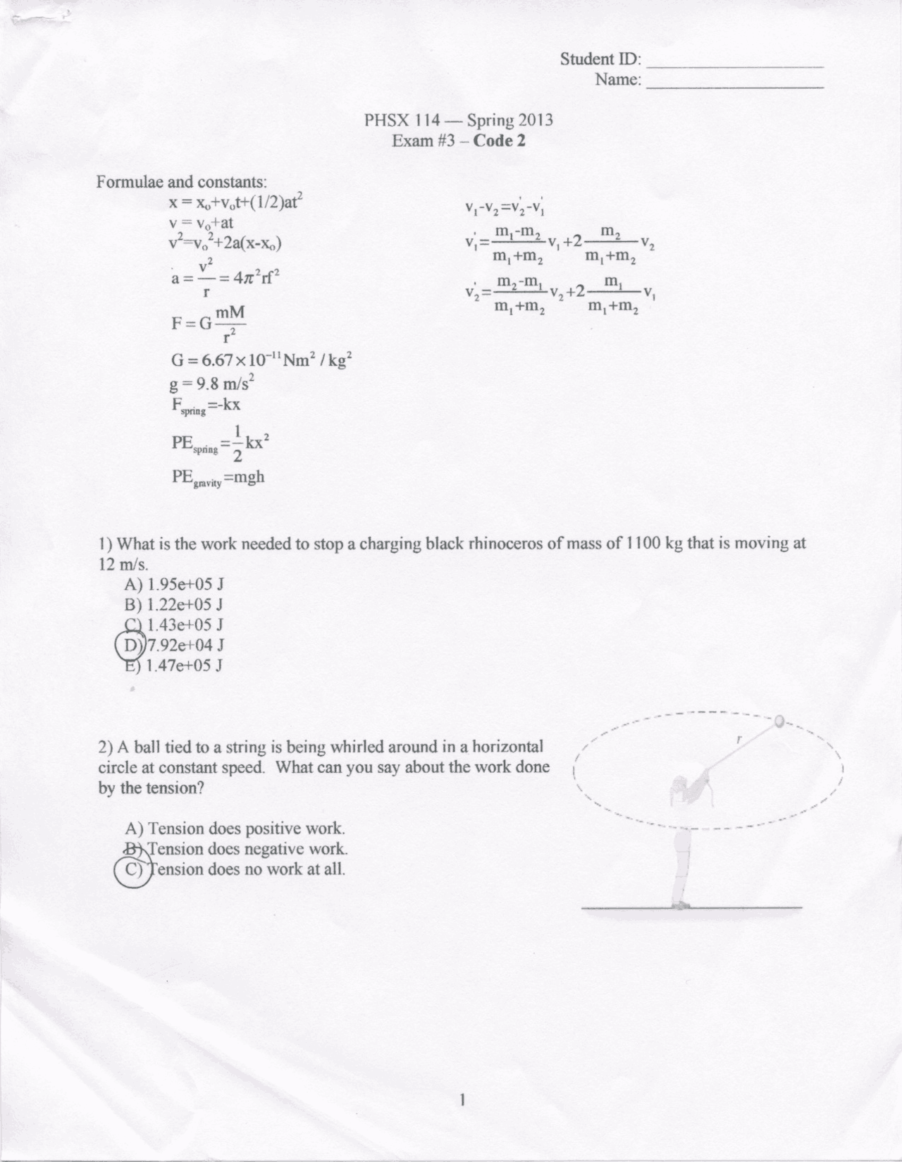 Exam 3 with Answers | College Physics I | PHSX 114 - Docsity
