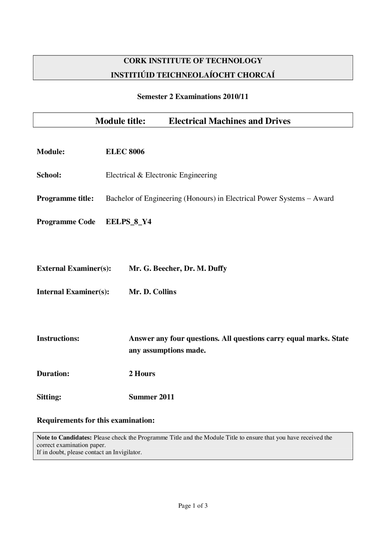 Generation Constant - Electrical Machines and Drives - Exam - Docsity