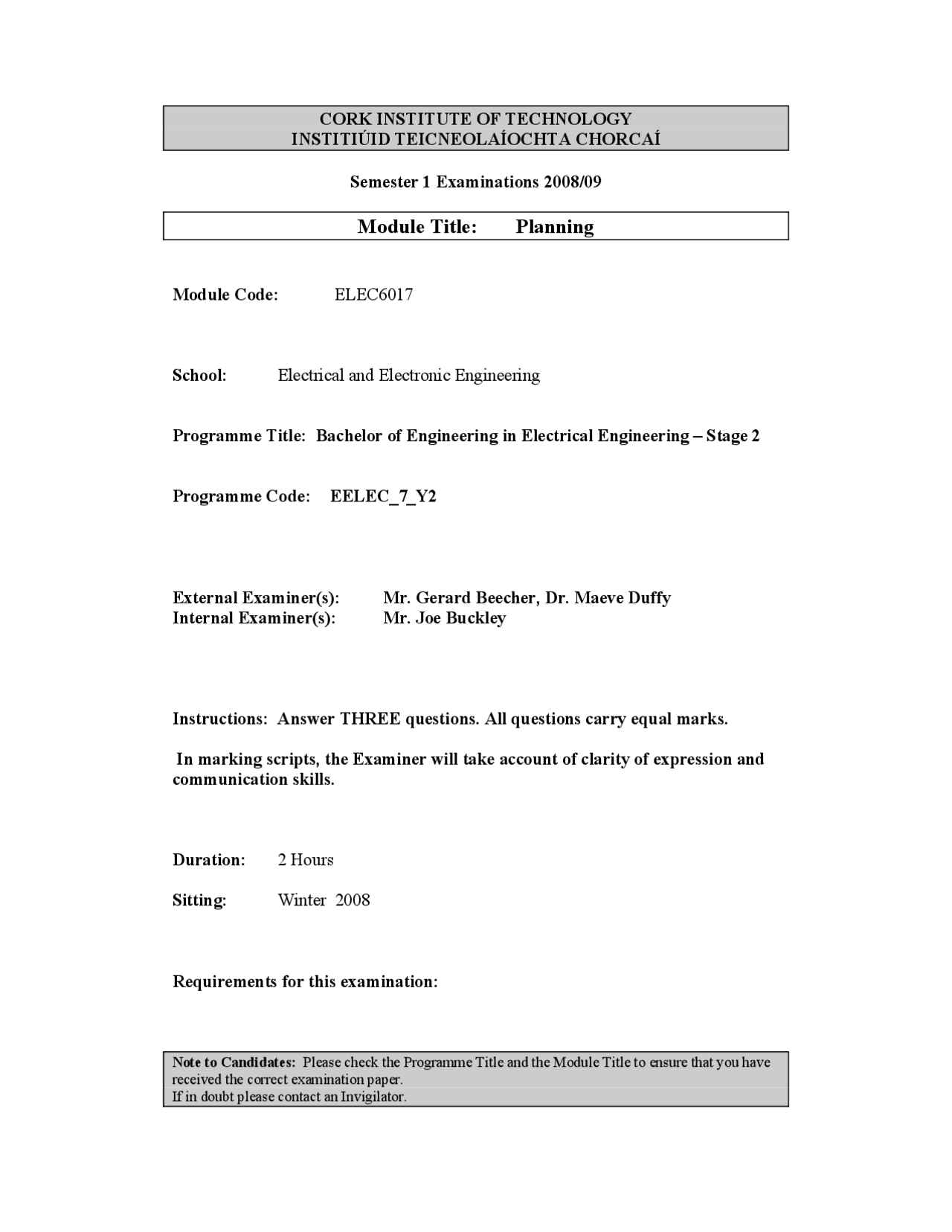 ELEC6017 Exam: Planning, Sem 1, 2008/09, Electrical & Electronic Eng ...