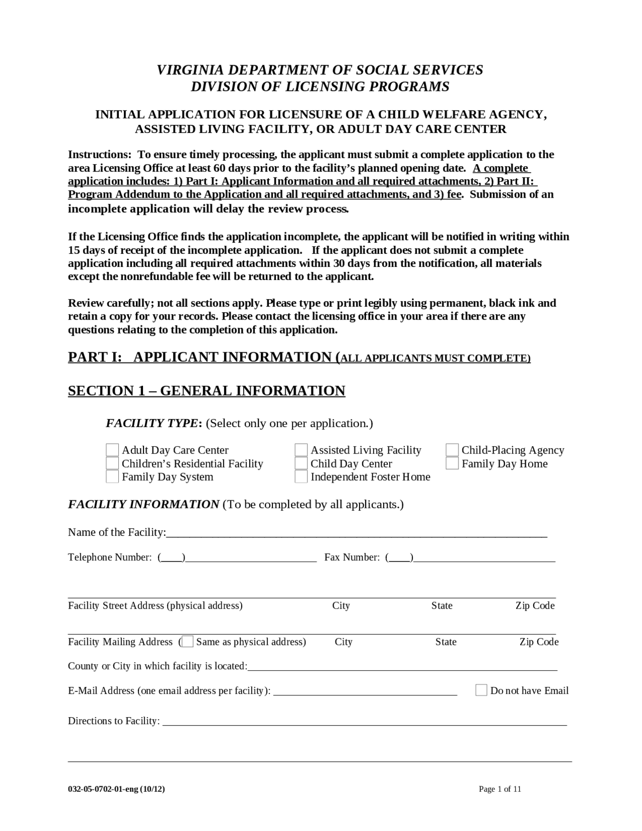 Virginia Facility Licensing Application: Instructions and Required ...