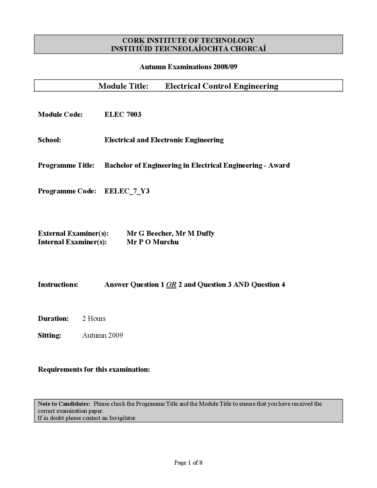 Individual system - Electrical Control Engineering - Exam - Docsity