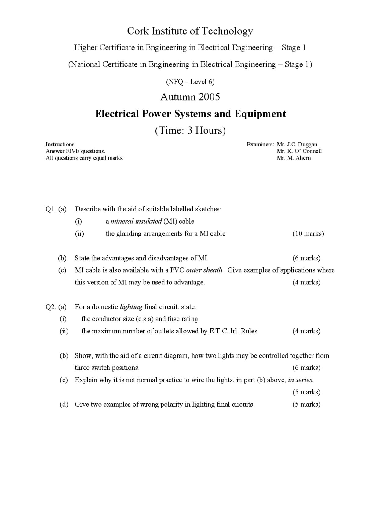 Mineral Insulated - Electrical Power Systems and Equipment - Exam - Docsity