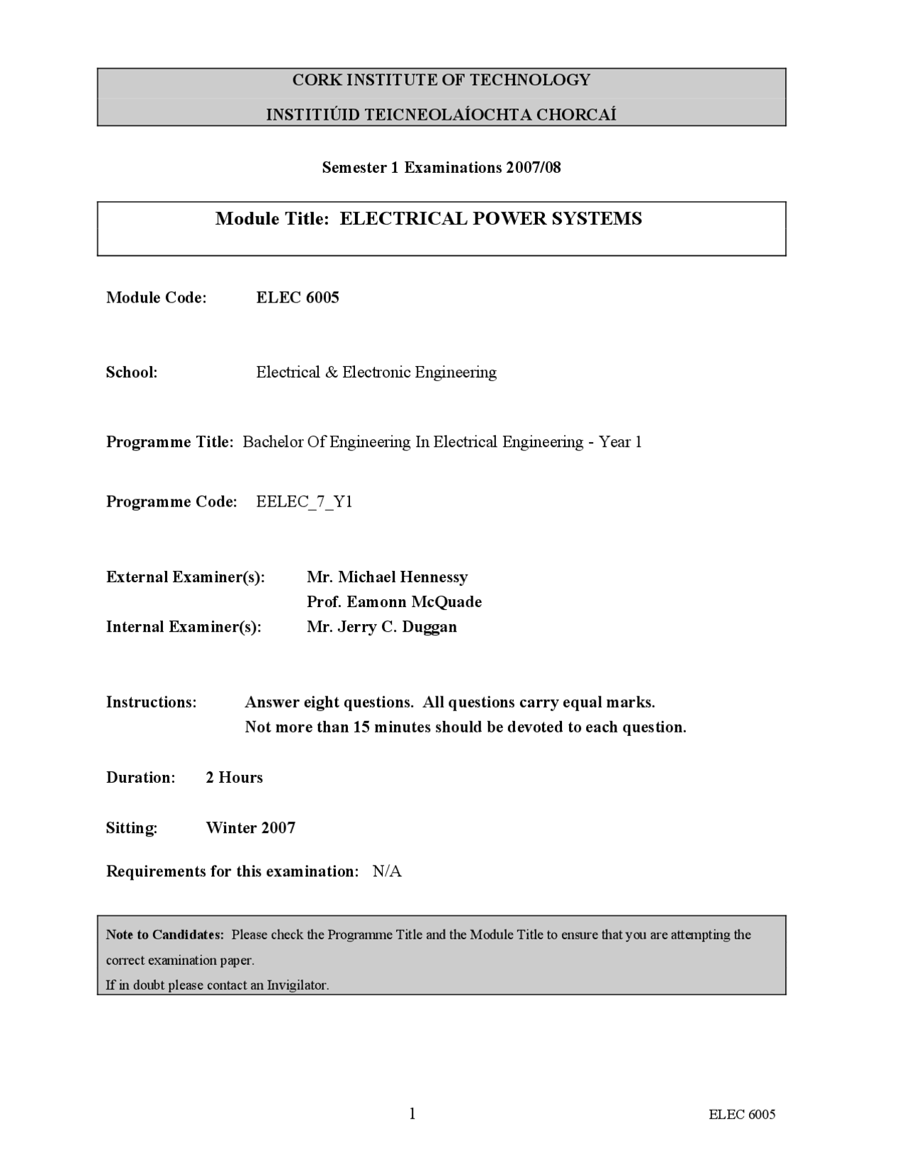 Examination Paper: Electrical Power Systems (ELEC 6005) - Cork ...
