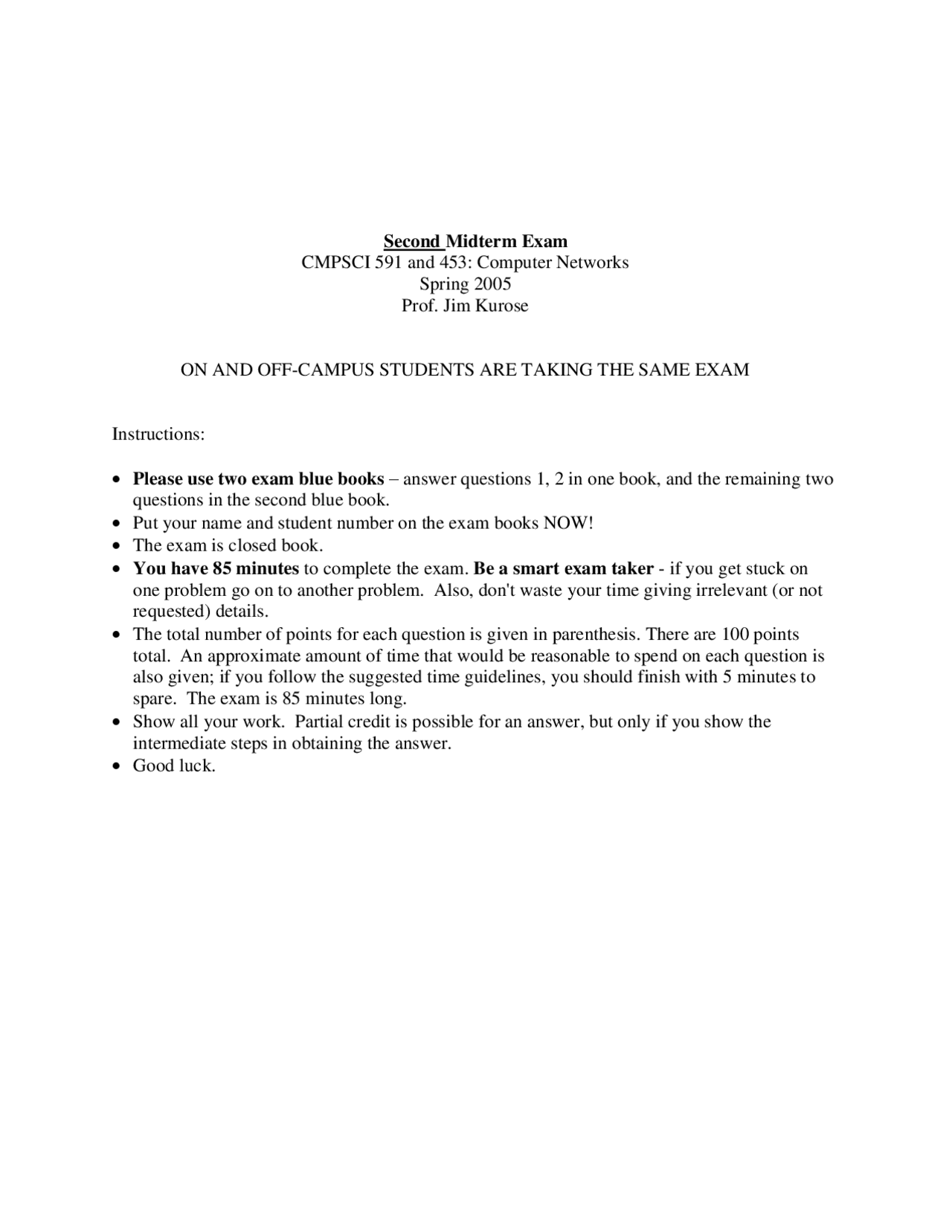 Midterm Two S2005 Computer Networks And Internet Past Exam Paper