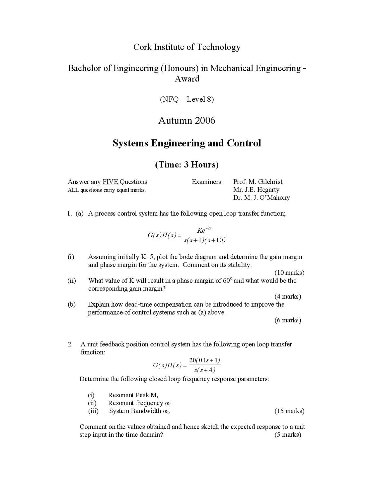 Open Loop Transfer Function - System Engineering and Control - Exam - Docsity