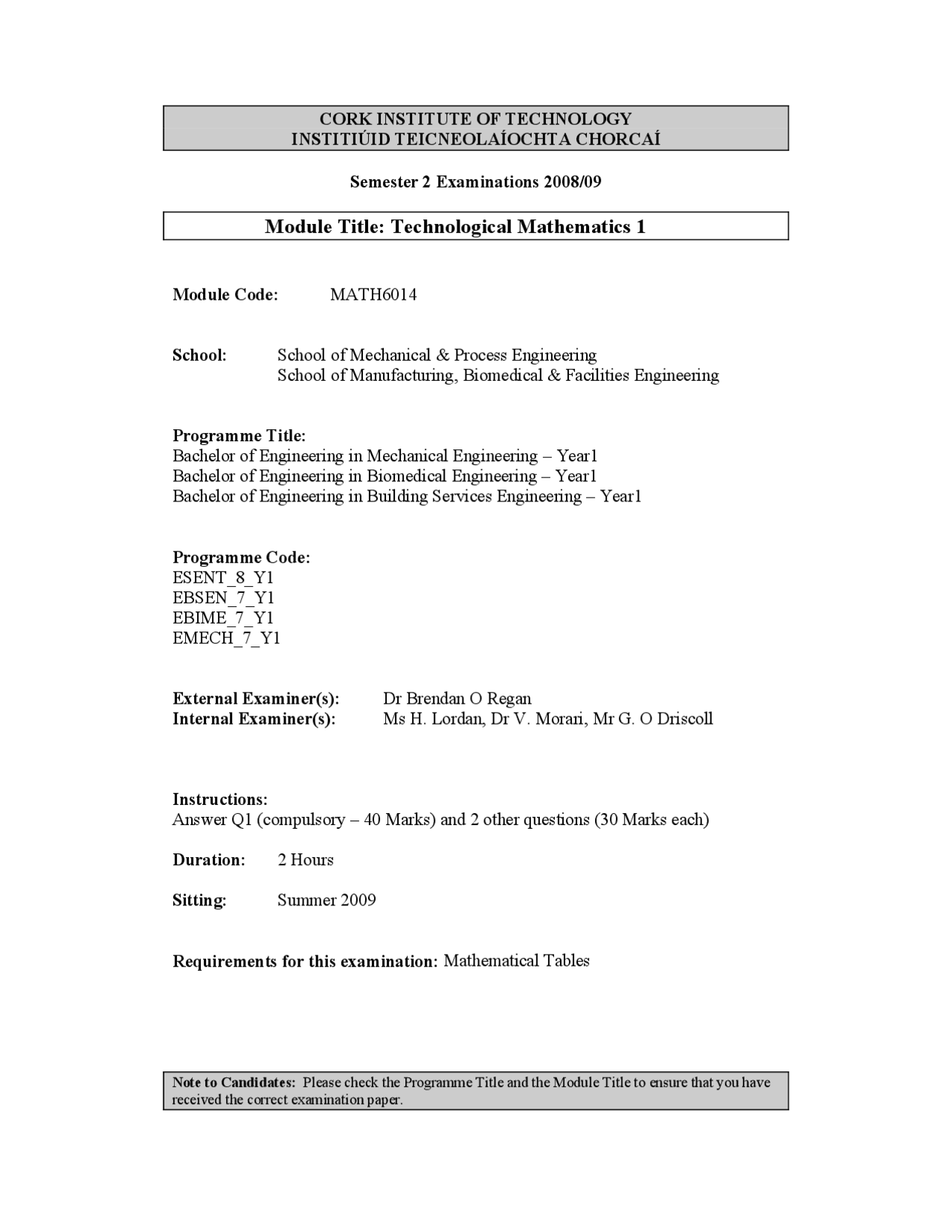 Radian Technological Mathematics Exam Docsity