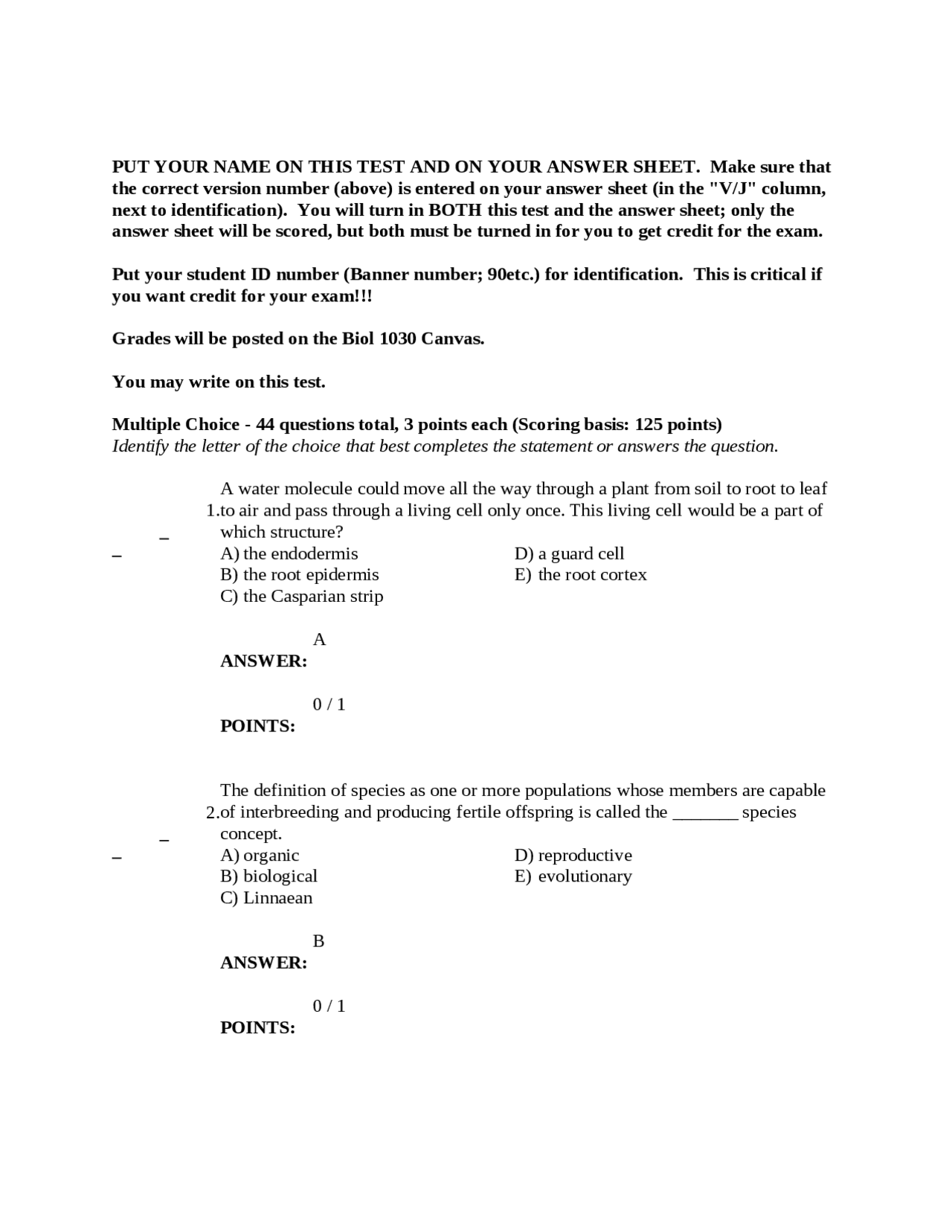 44 Solved Questions In Test 1 On The Organismal Biology Biol 1030