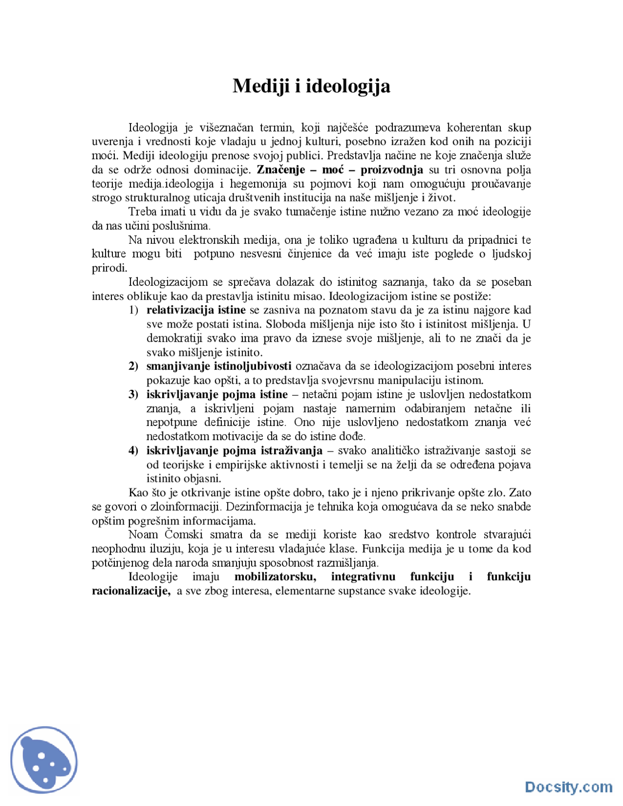 Mediji I Ideologija Skripta Sociologija Masovnih Komunikacija