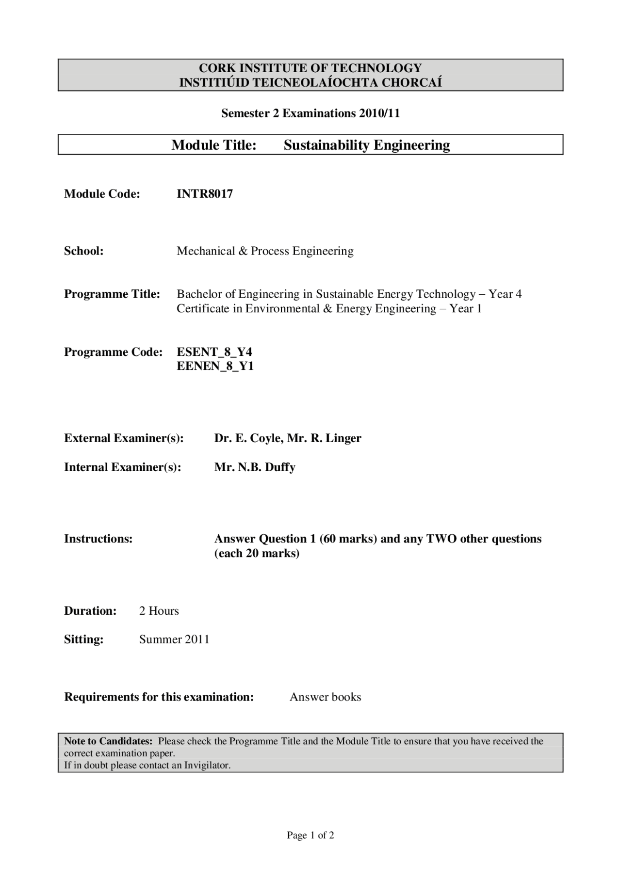 Scoping Sustainability Engineering Exam Docsity
