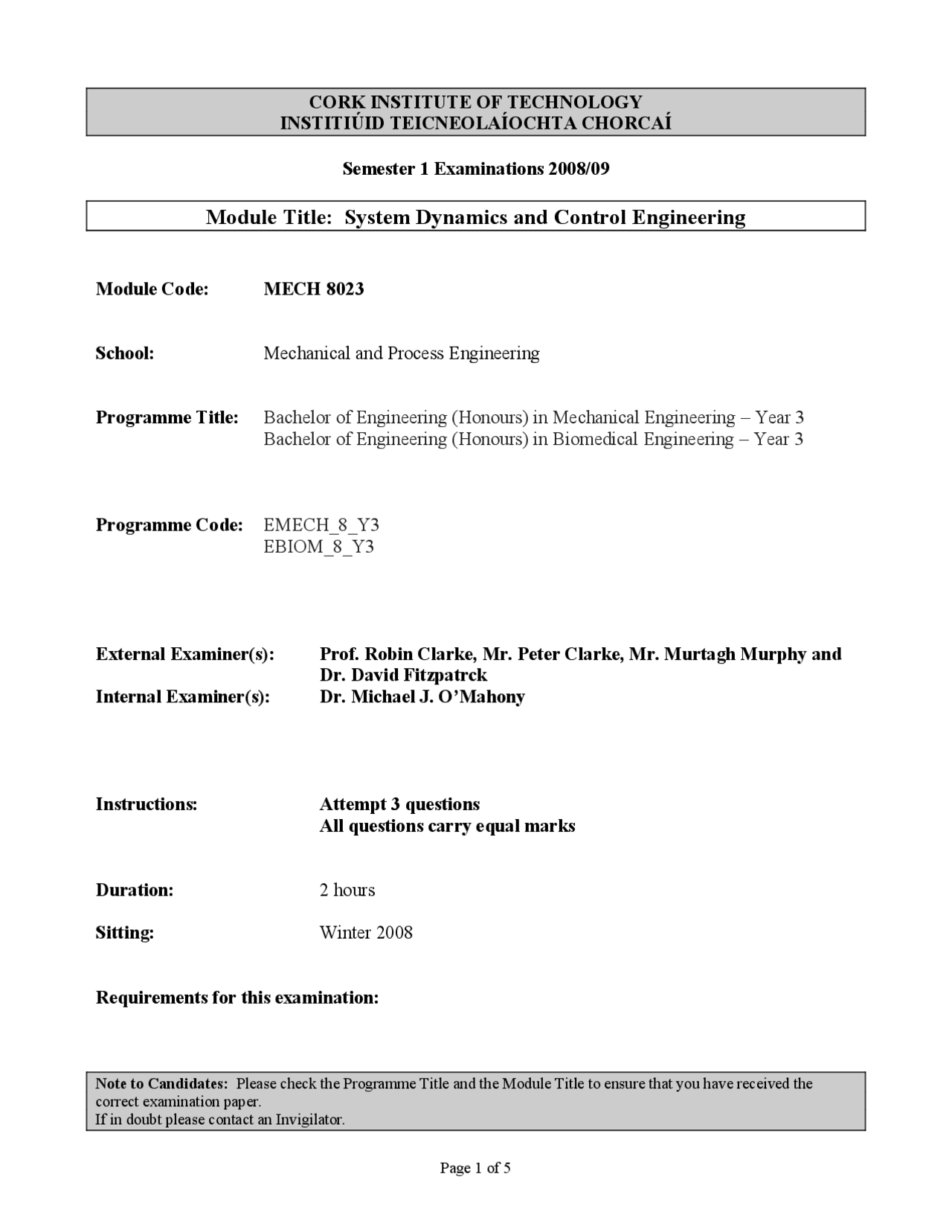 Control Engineering Examination: System Dynamics and Control | Exams Process Engineering | Docsity