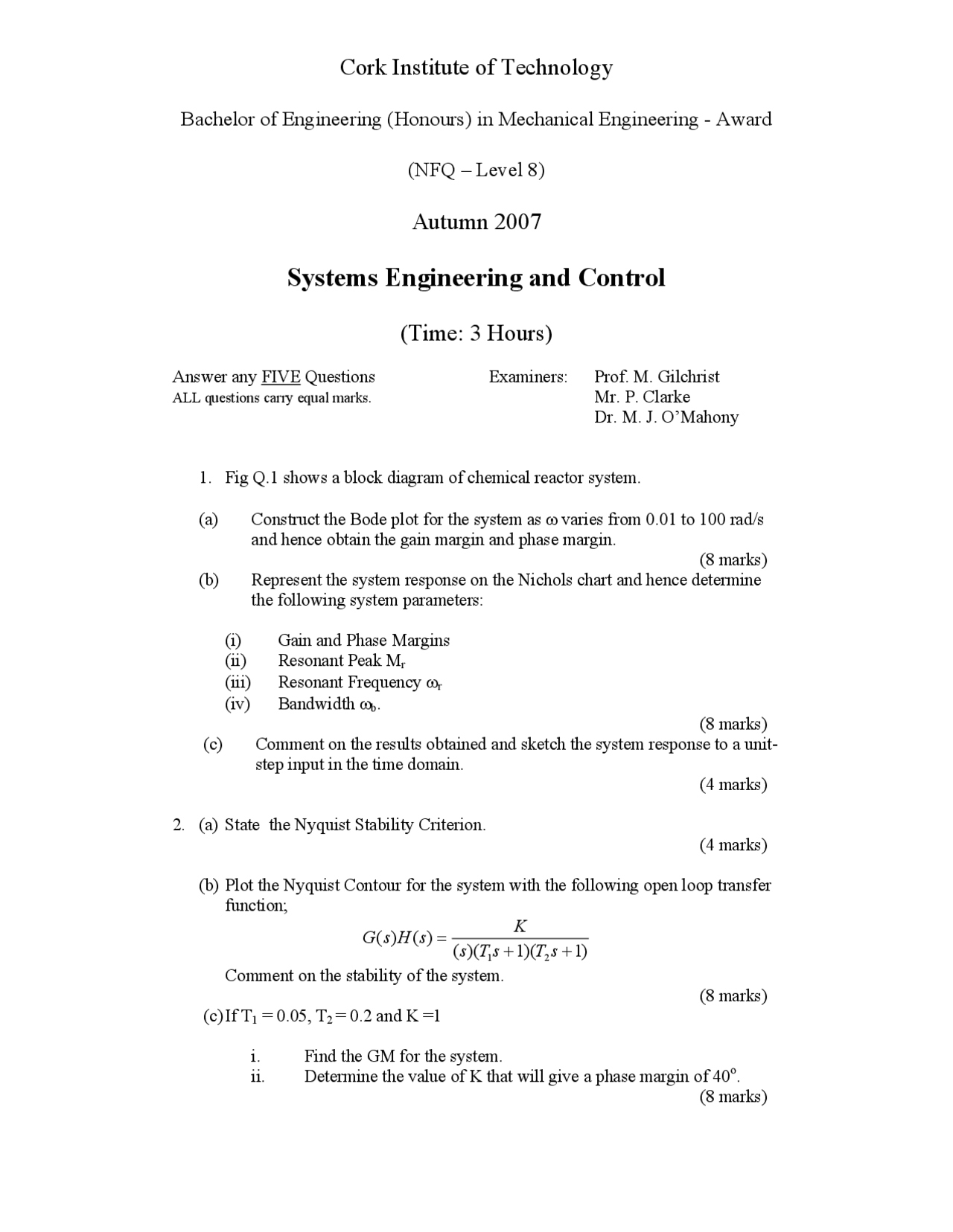Gain and Phase Margins - System Engineering and Control - Exam - Docsity