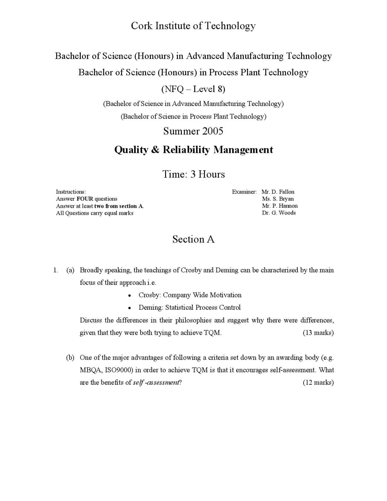 Statistical Process Control Quality And Reliability Management Exam