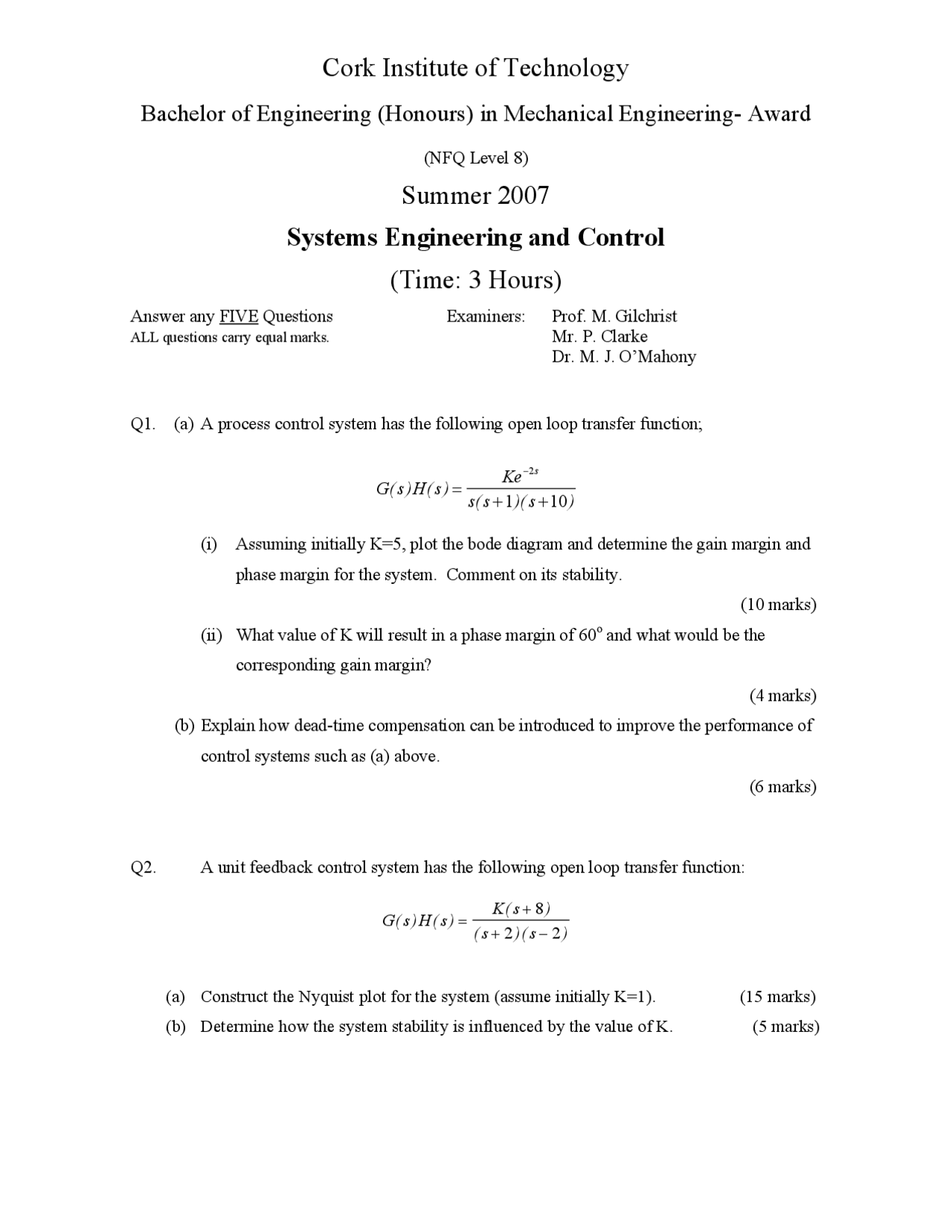 Feedback Control System System Engineering And Control Exam Docsity