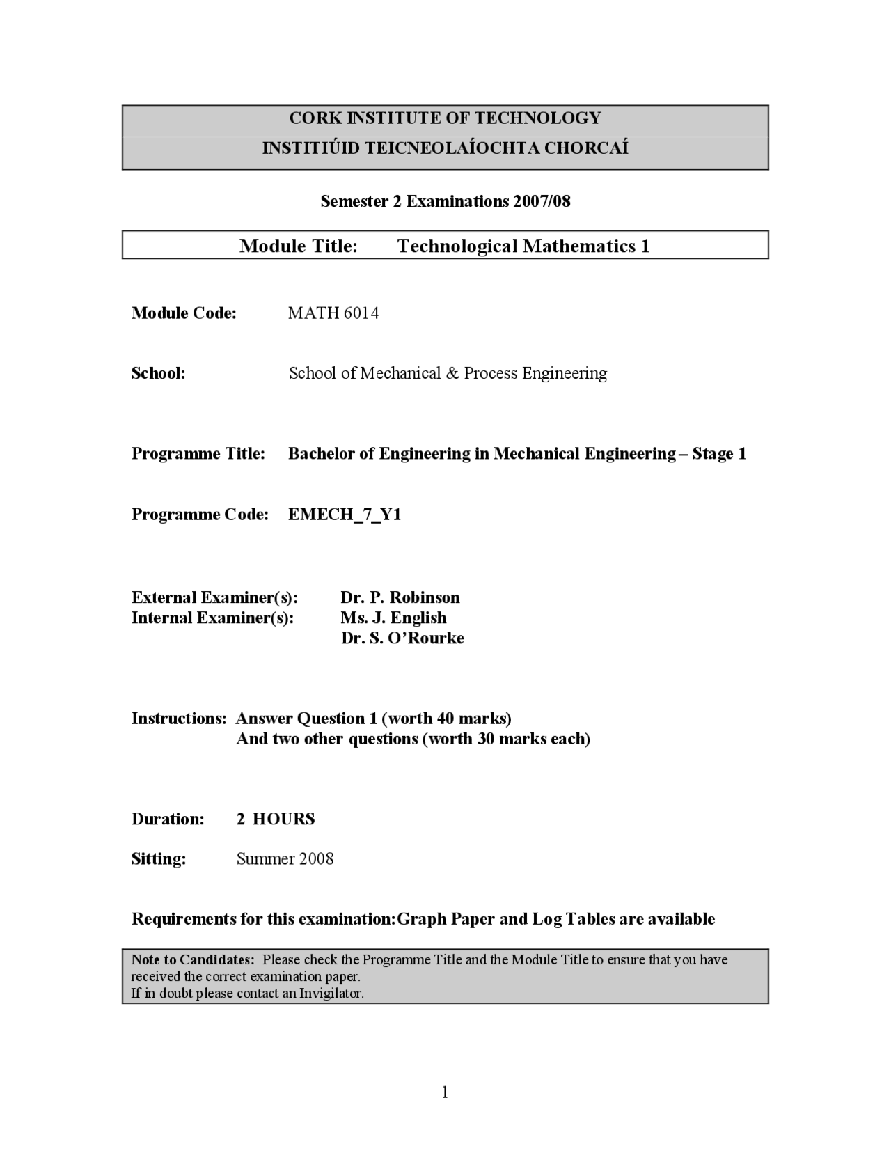 Linear Graph Technological Mathematics Exam Docsity